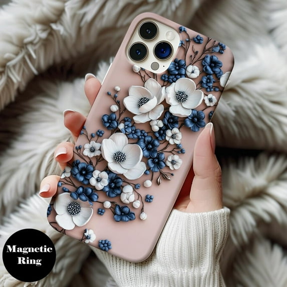 Elegant 3D White and Blue Botanical Floral Blush Pink Phone Case 11 12 ...
