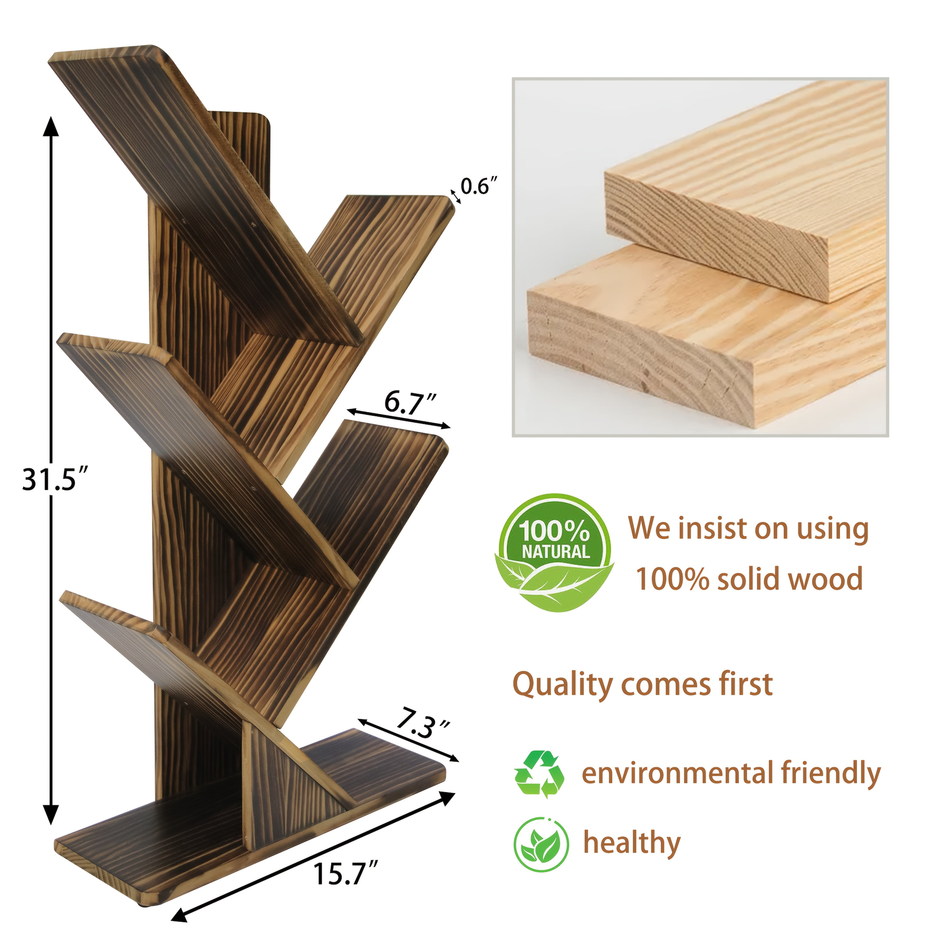 Elegant 4-Tier Solid Wood Tree Bookshelf, Rustic Brown - Space-Saving ...