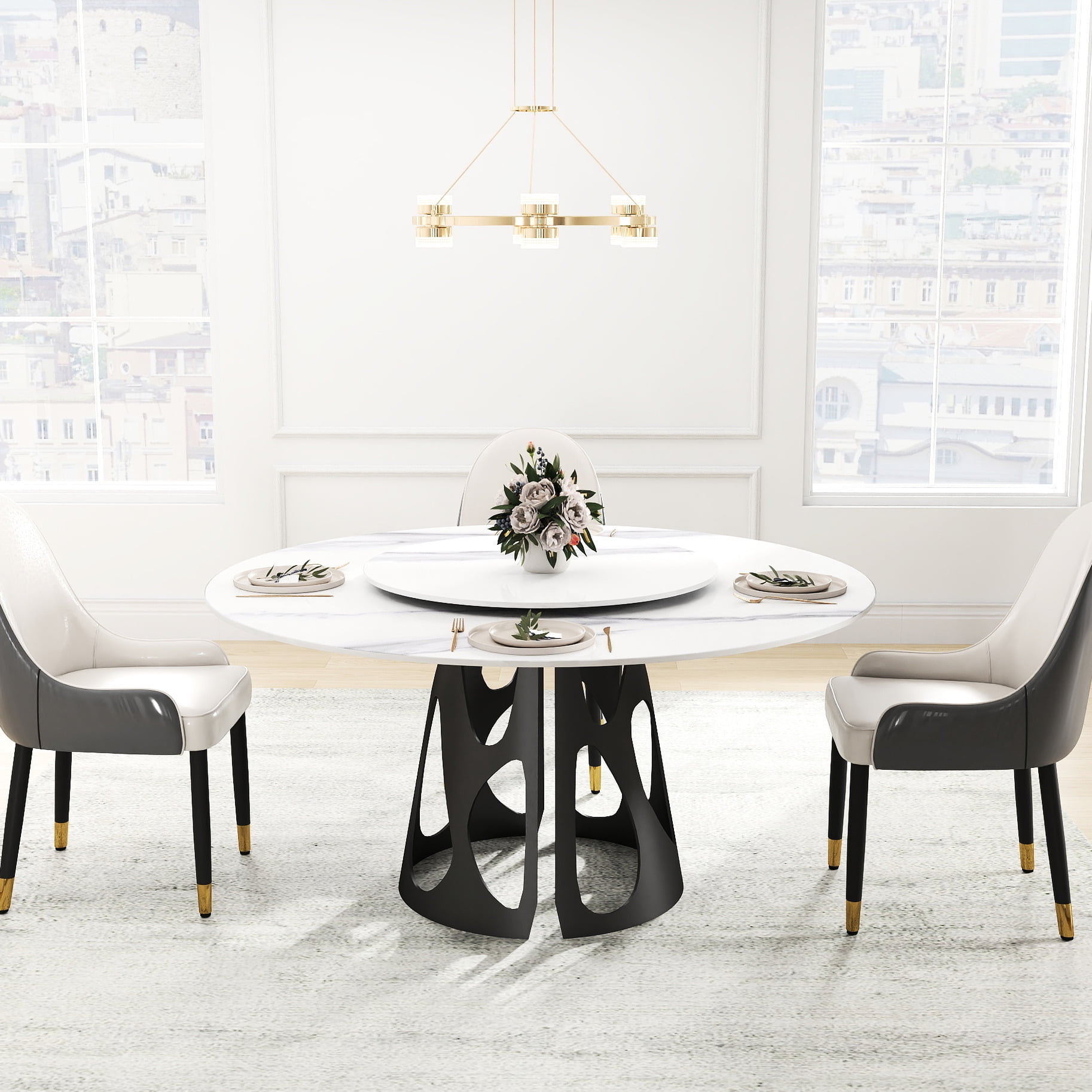 Elegant 59.94" Round Table, Black Metal Base, 31.5" White Sintered ...