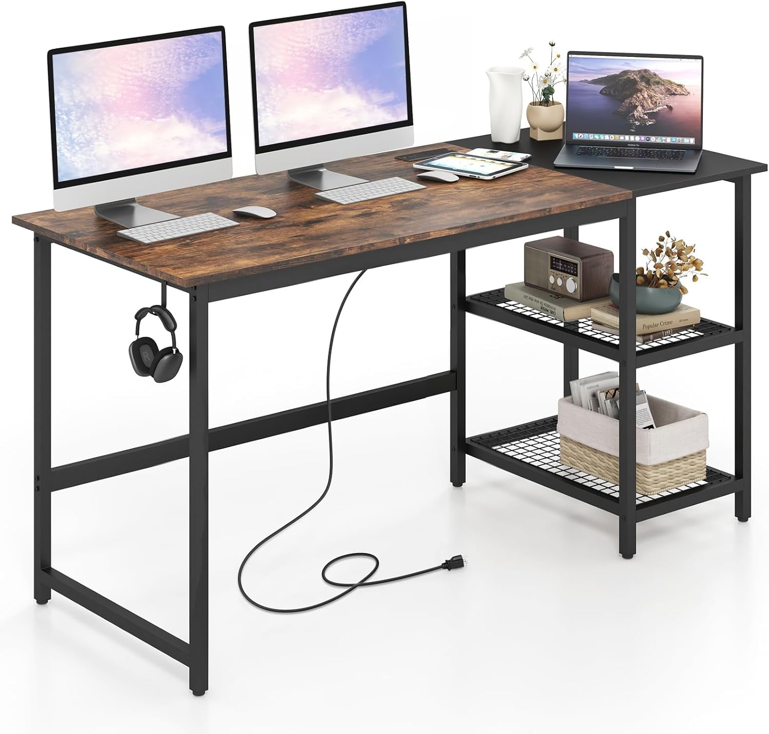 Elegant 59 Inch Computer Desk with Charging Station, Home Office Desk ...