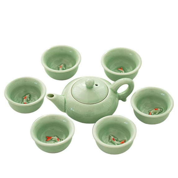 Elegant 7-Piece Celadon Tea Set with 3D Koi Fish, Ceramic Teapot & 6 ...