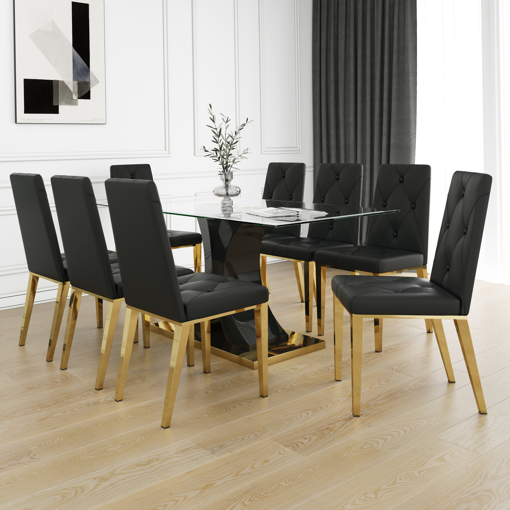 Elegant 9-Piece Modern Glass Dining Table Set with Solid Support Base ...