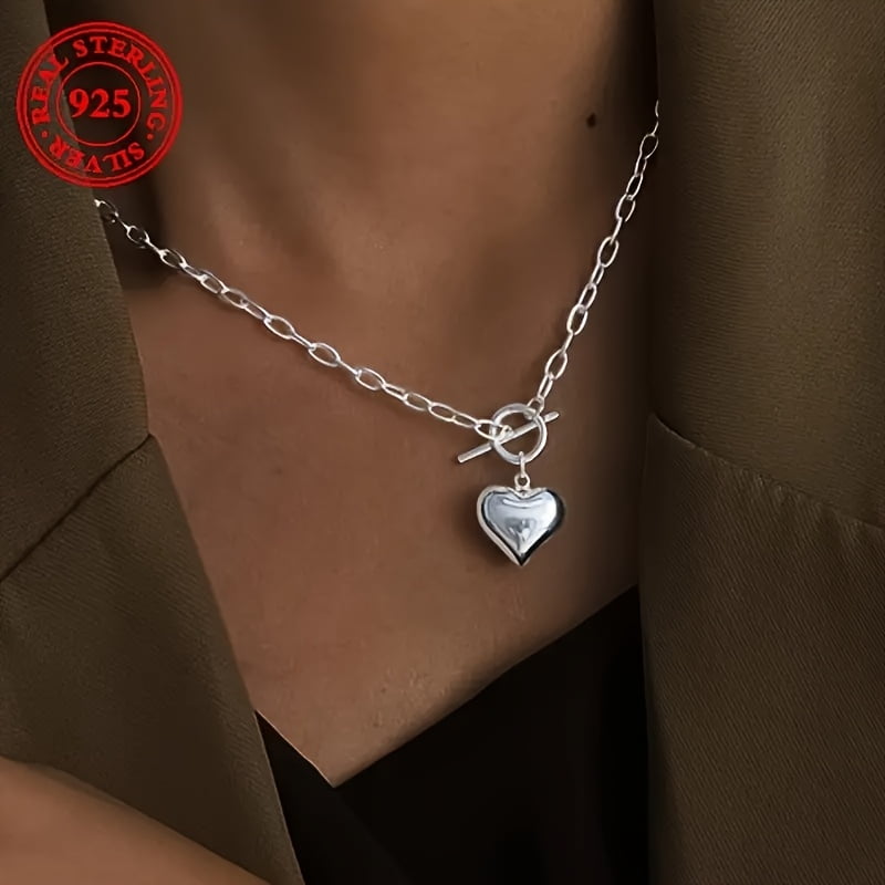 Elegant 925 Sterling Silvery Heart Pendant Necklace With Vintage Hip ...