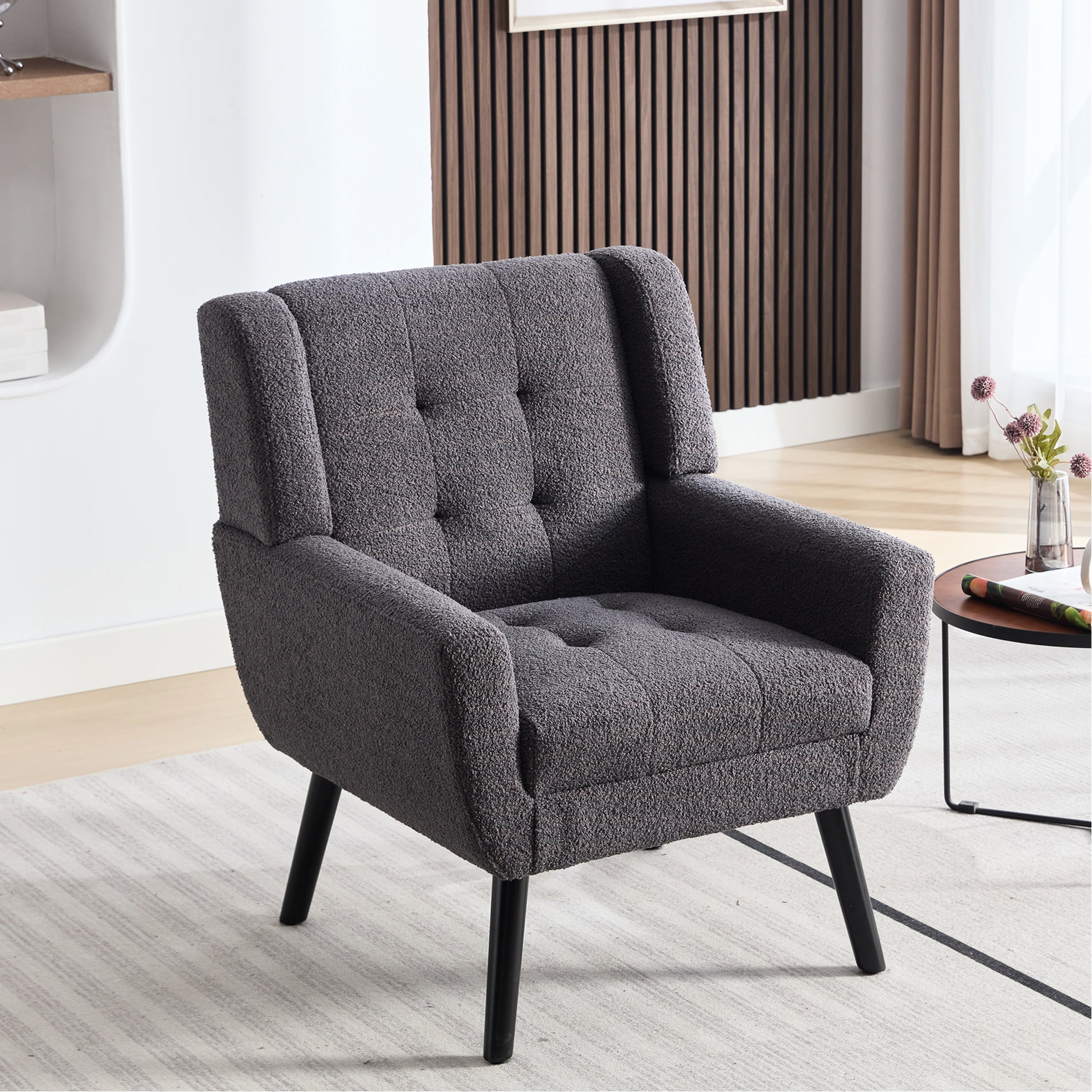 Elegant Accent Chair In Grey - Velvet, Ergonomic Seat, Black Solid Wood ...