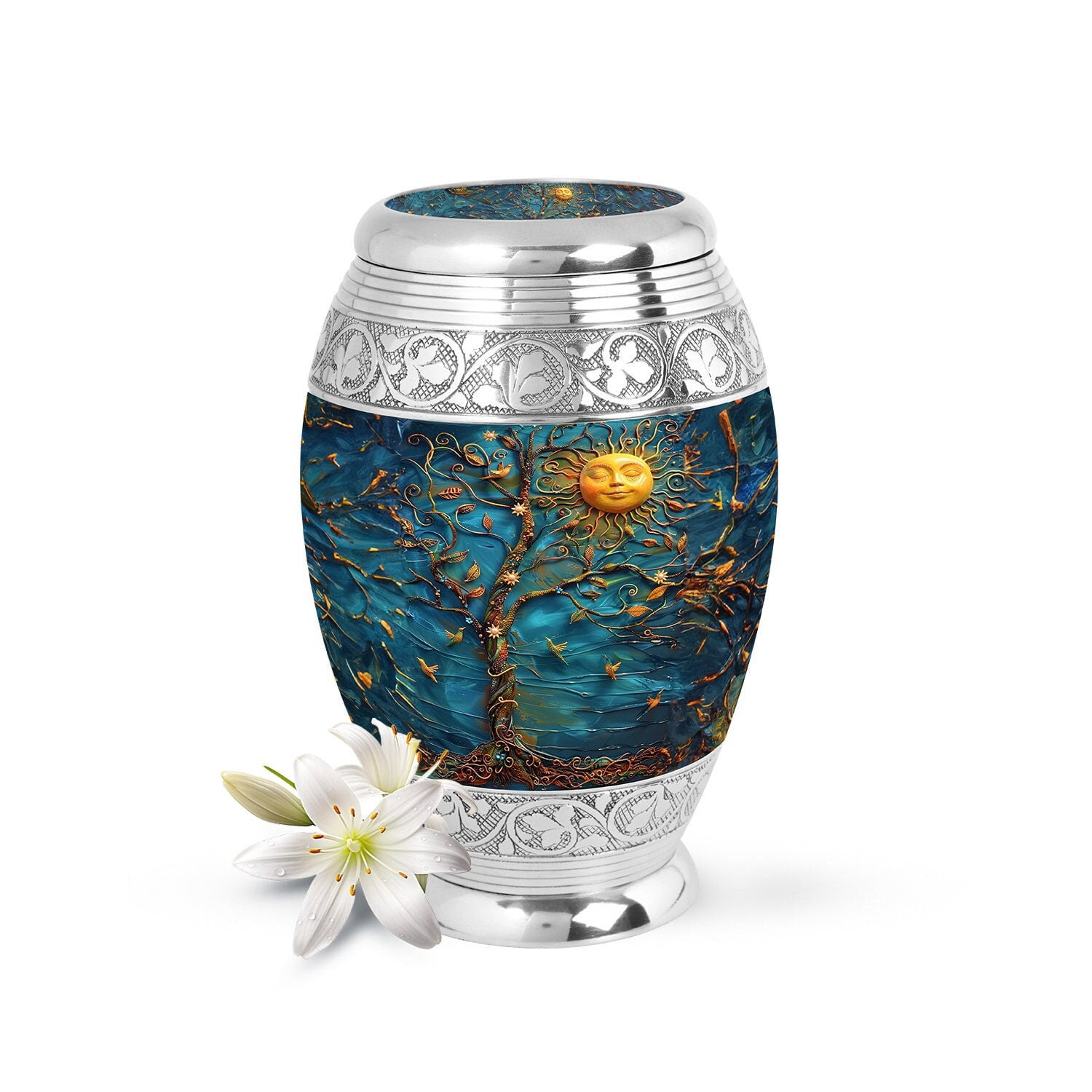 Elegant Aluminum Cremation Urn for Ashes with Hand-Carved Floral Design ...
