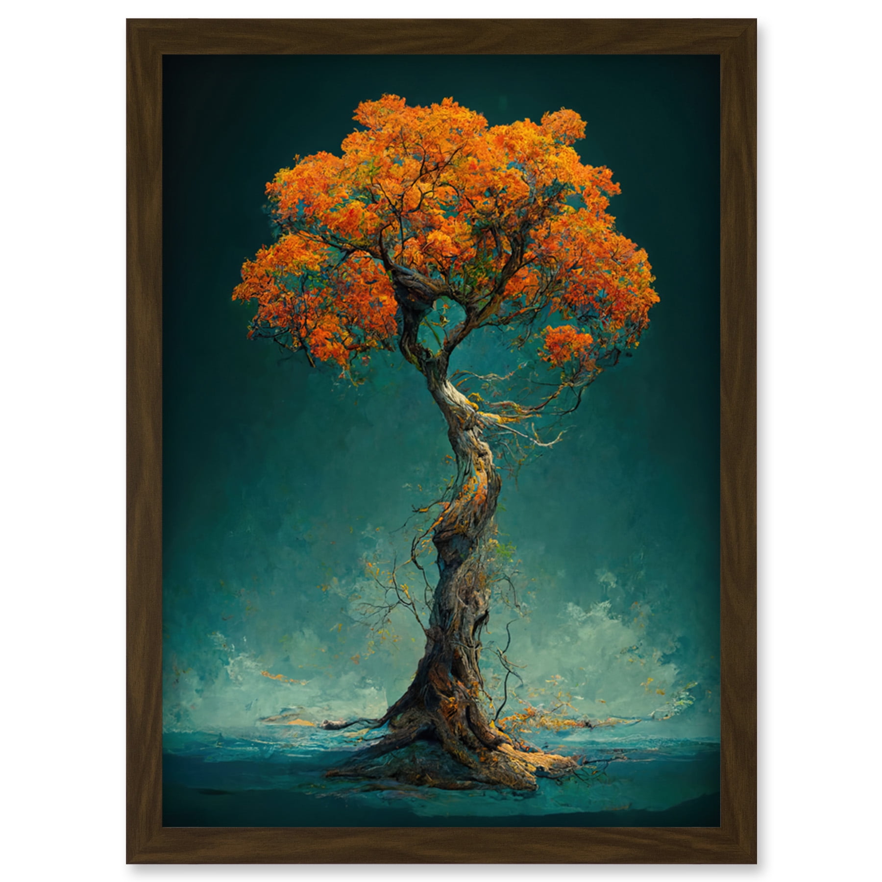 Elegant Ancient Lone Autumn Fall Tree On Teal Artwork Framed Wall Art ...