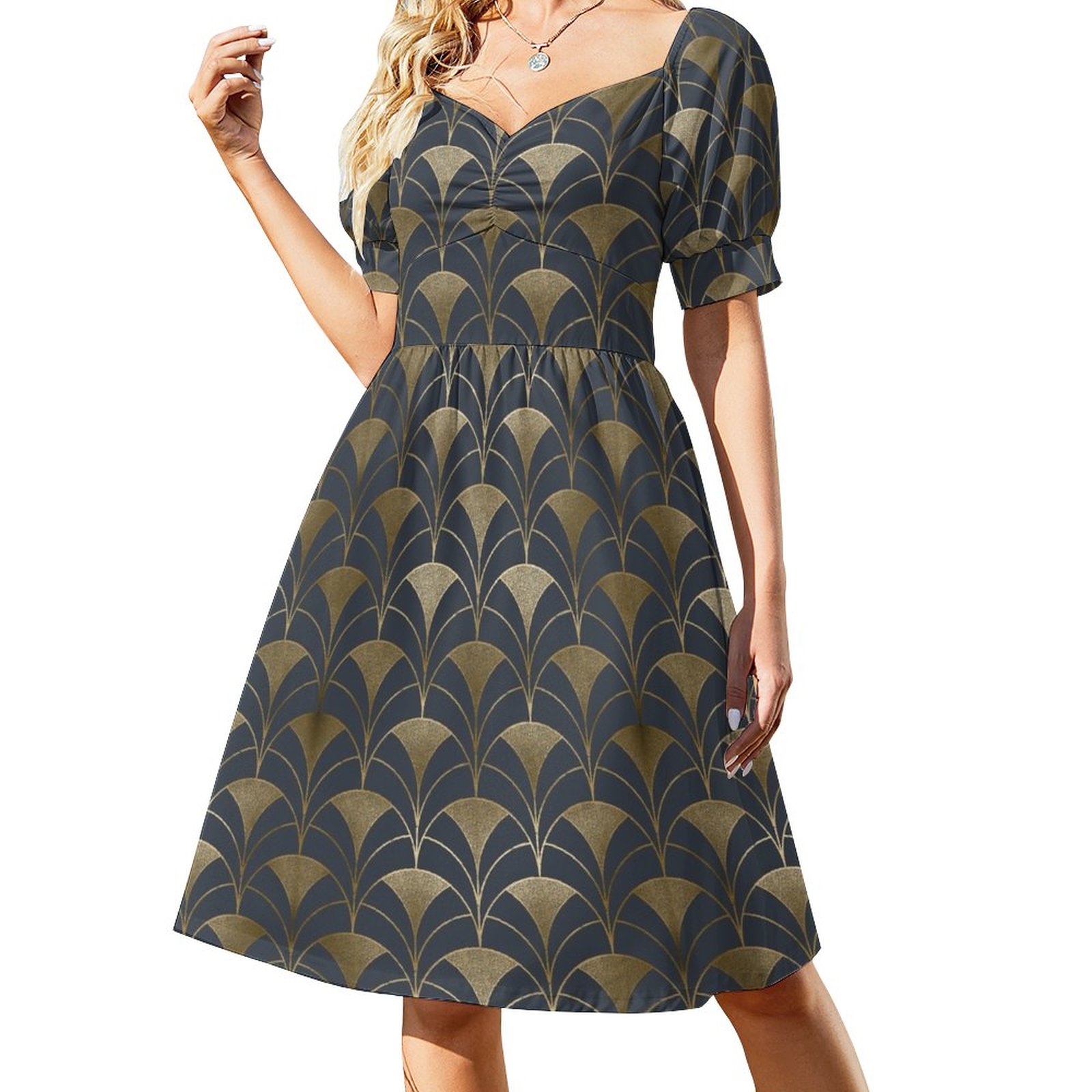 Elegant Art Gold and Inkwell Gray Geometric Pattern Sleeveless Dress ...