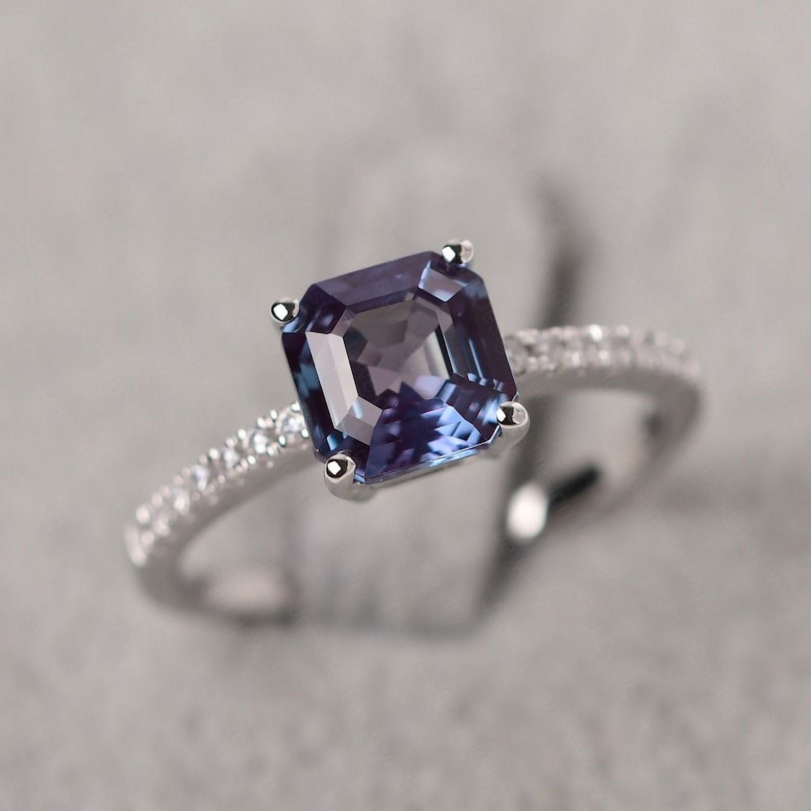 Elegant Asscher Cut Alexandrite Engagement Ring 14K Solid White Gold ...