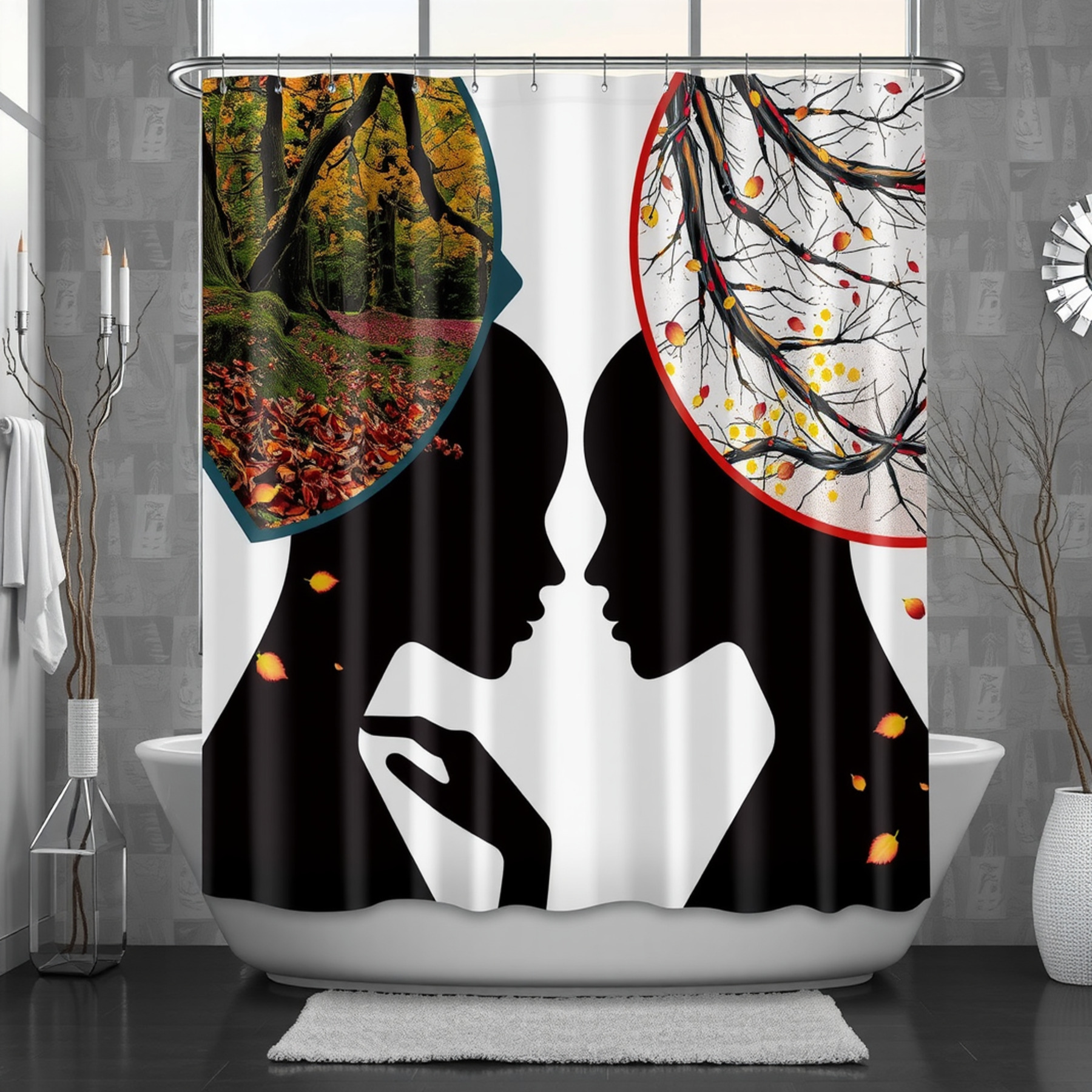 Elegant Autumn-Themed Shower Curtain with Black Silhouettes of Women ...