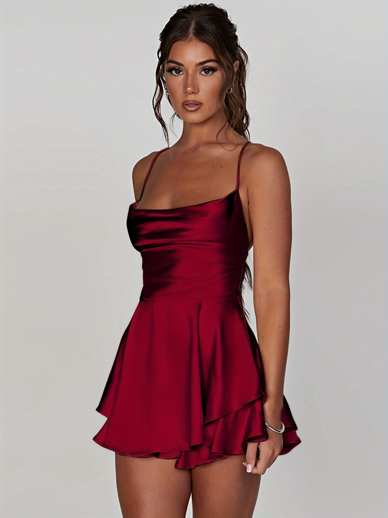 Elegant Backless Mini Dress with Spaghetti Straps & Tiered Skirt - Cowl ...