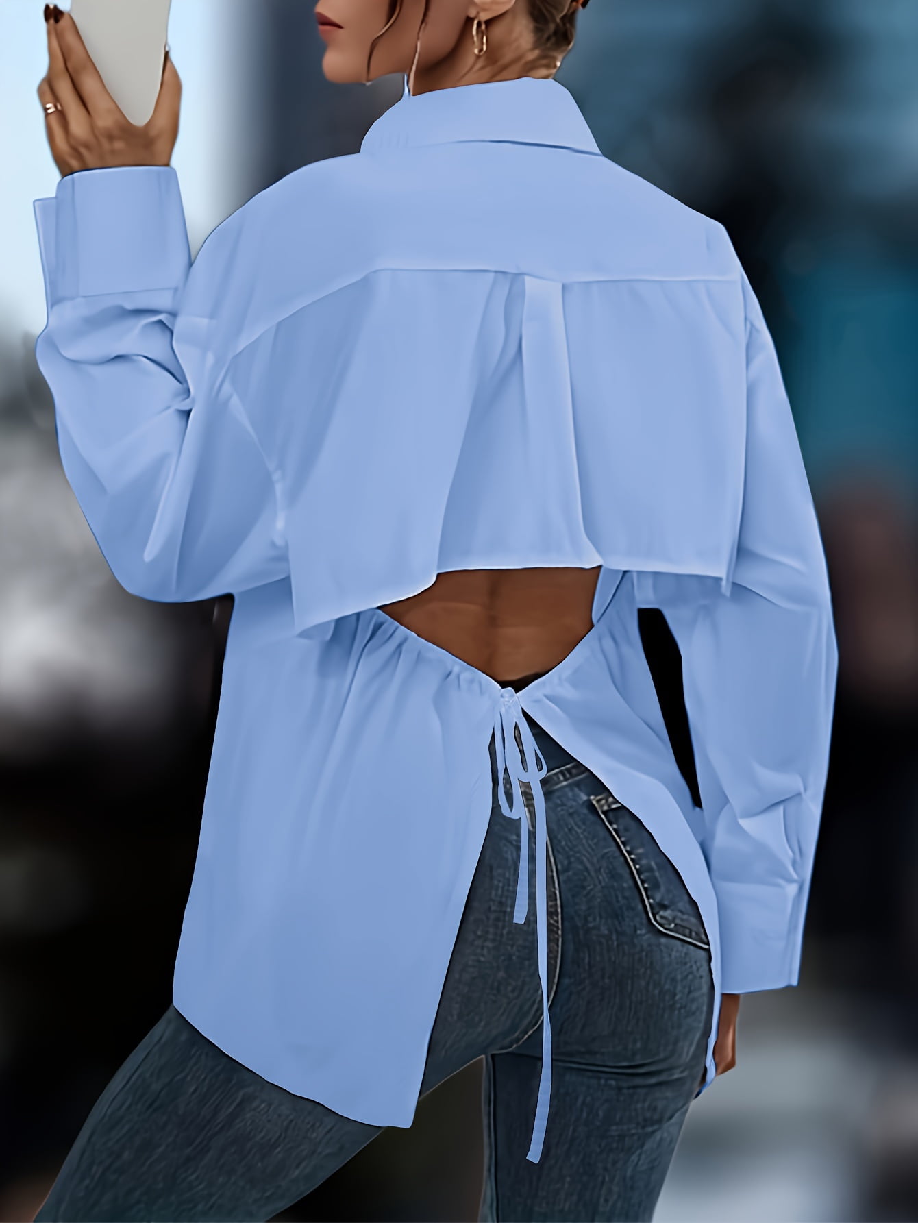 Elegant Backless Polyester Blouse – Machine Washable, Semi-Sheer Lapel ...