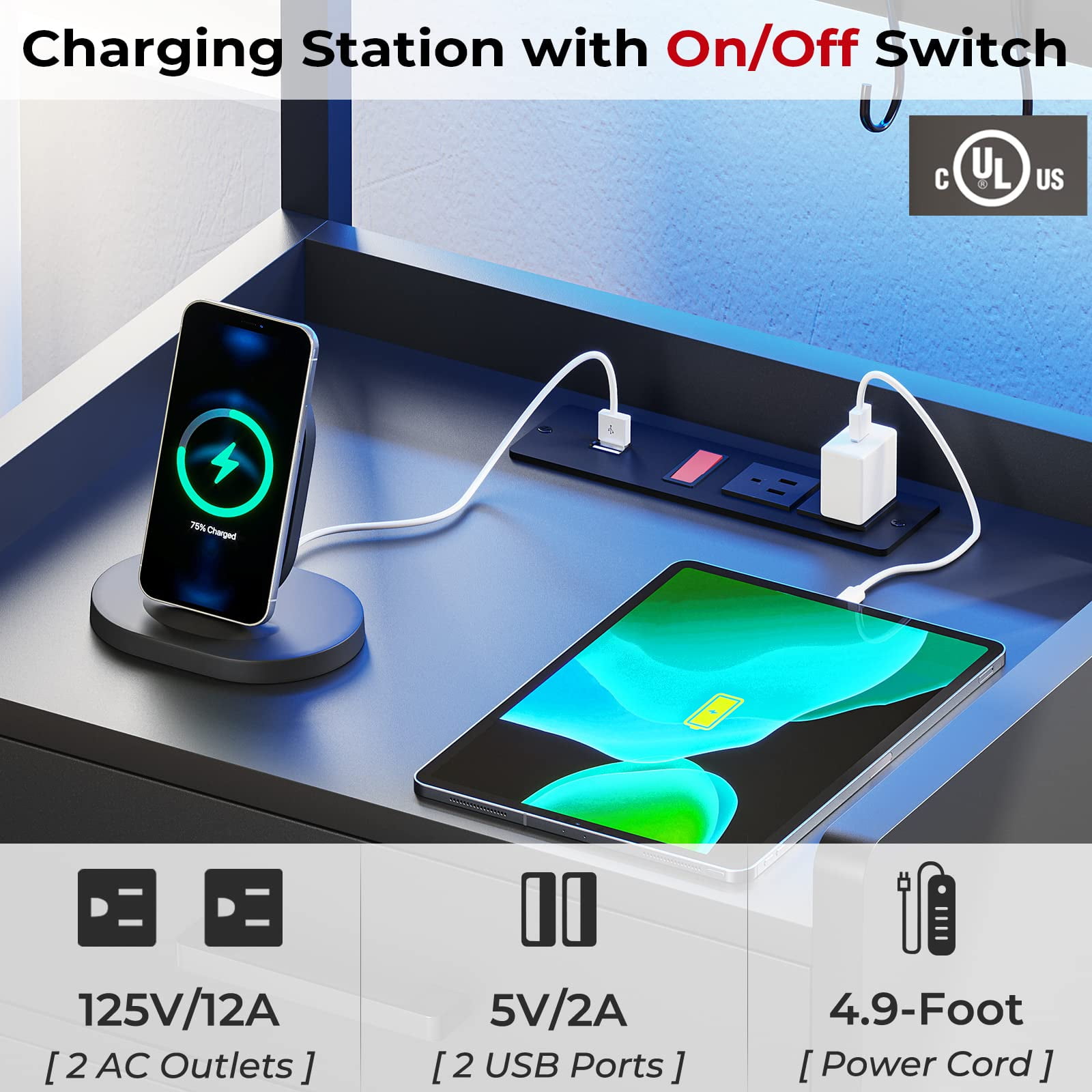 Elegant Bedside Table with LED Lighting and Charging Station, 2 Drawers ...