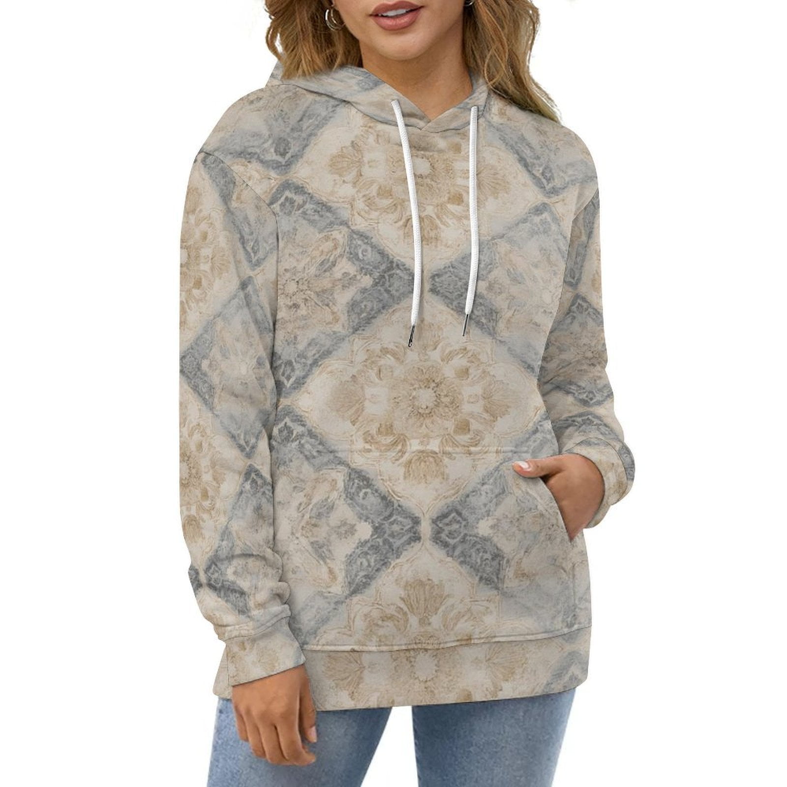Elegant Beige Blue Diamond Pattern Oversized Hoodies For Woman Pullover ...