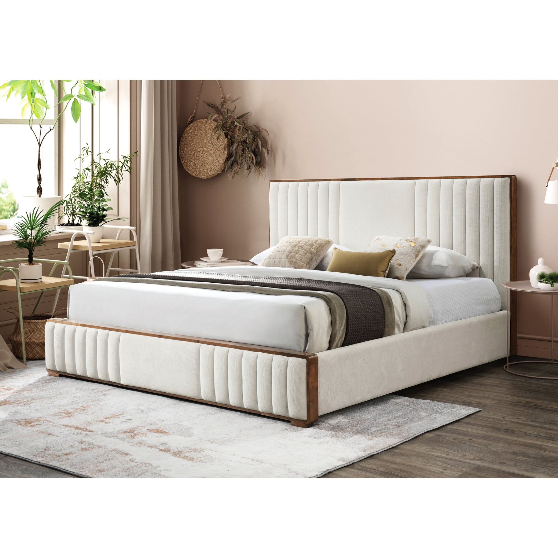 Elegant Beige Chenille Queen Bed For A Dreamy Bedroom Warm And Inviting ...