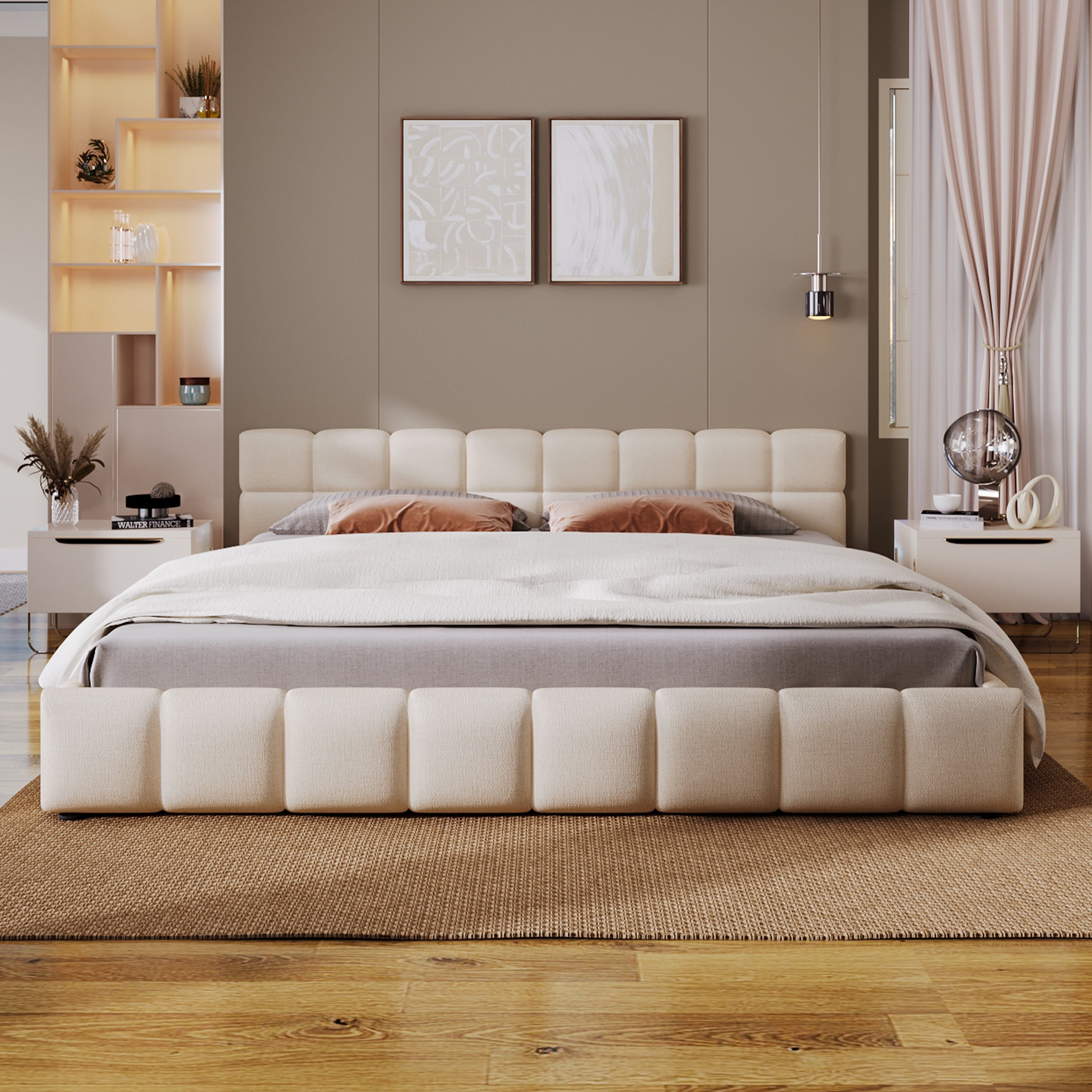 Elegant Beige Chenille Upholstered Bed with Checkerboard Design, King ...