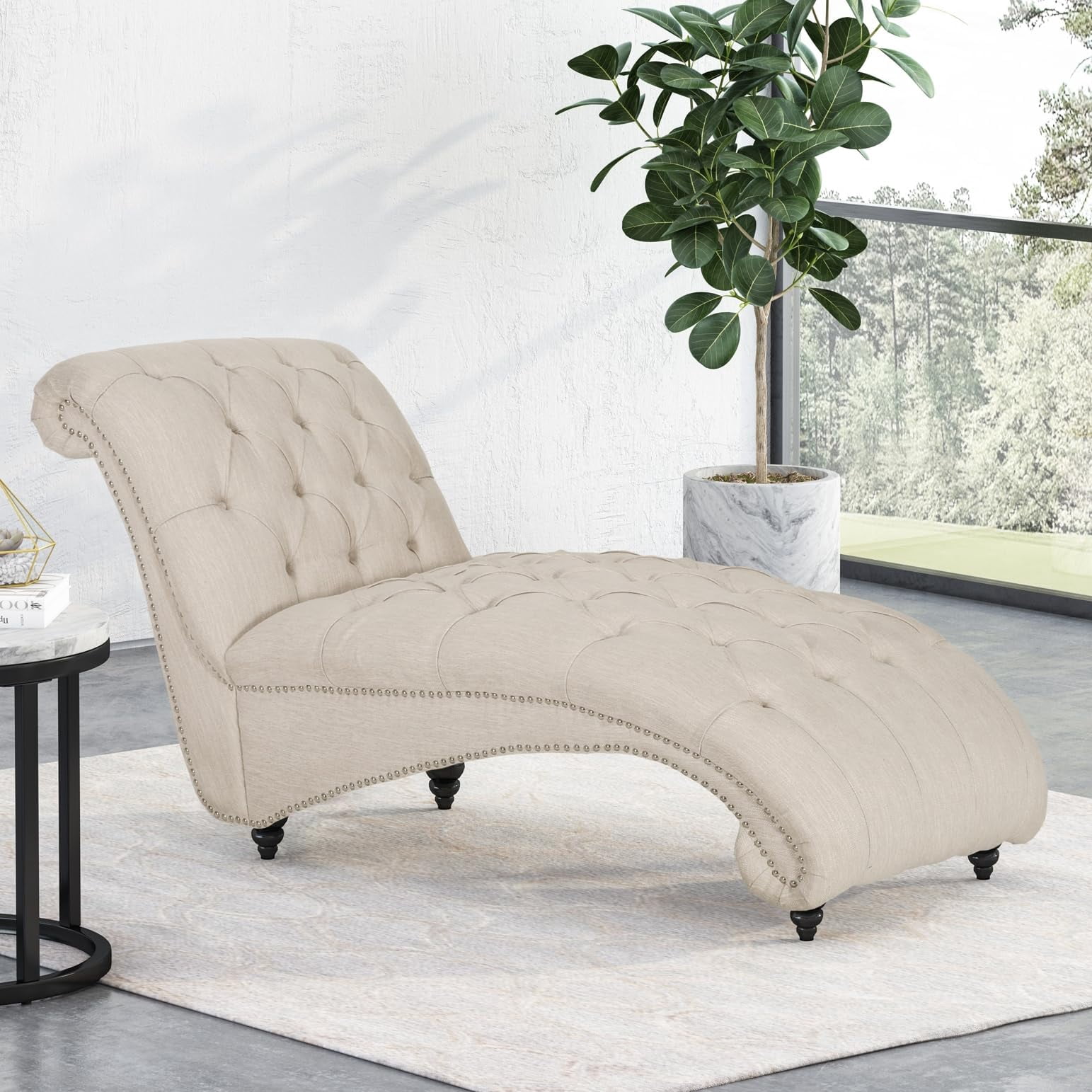 Elegant Beige Fabric Chaise Lounger - Curvy Design for Cozy Living Room ...