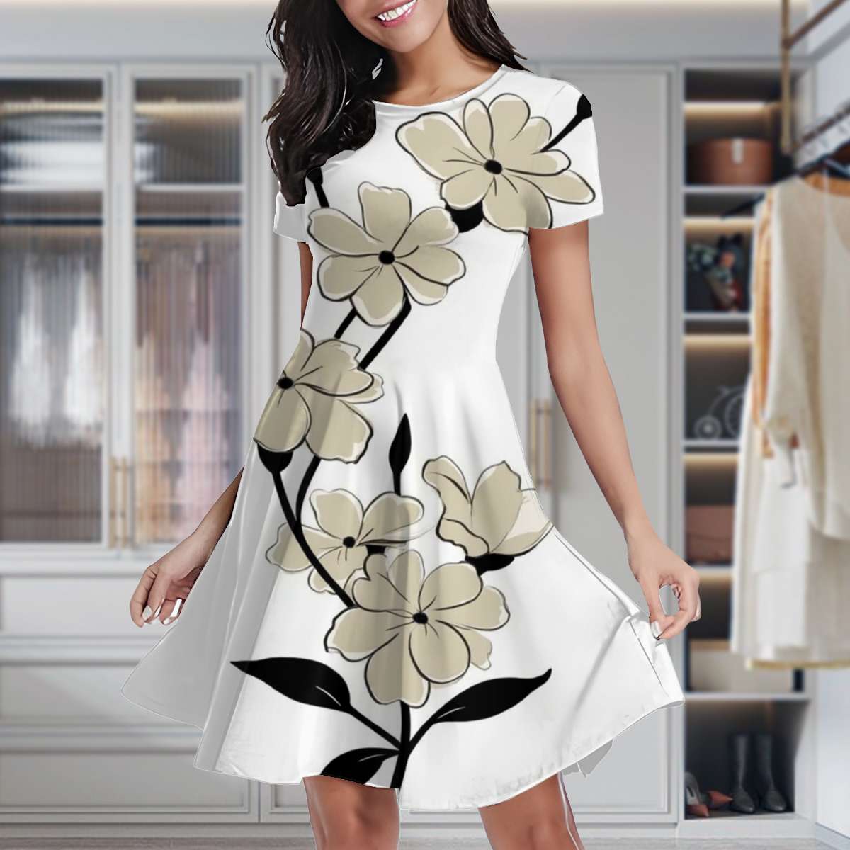 Elegant Beige Floral Branch Art Women's Classic Swing Skater Dress ...