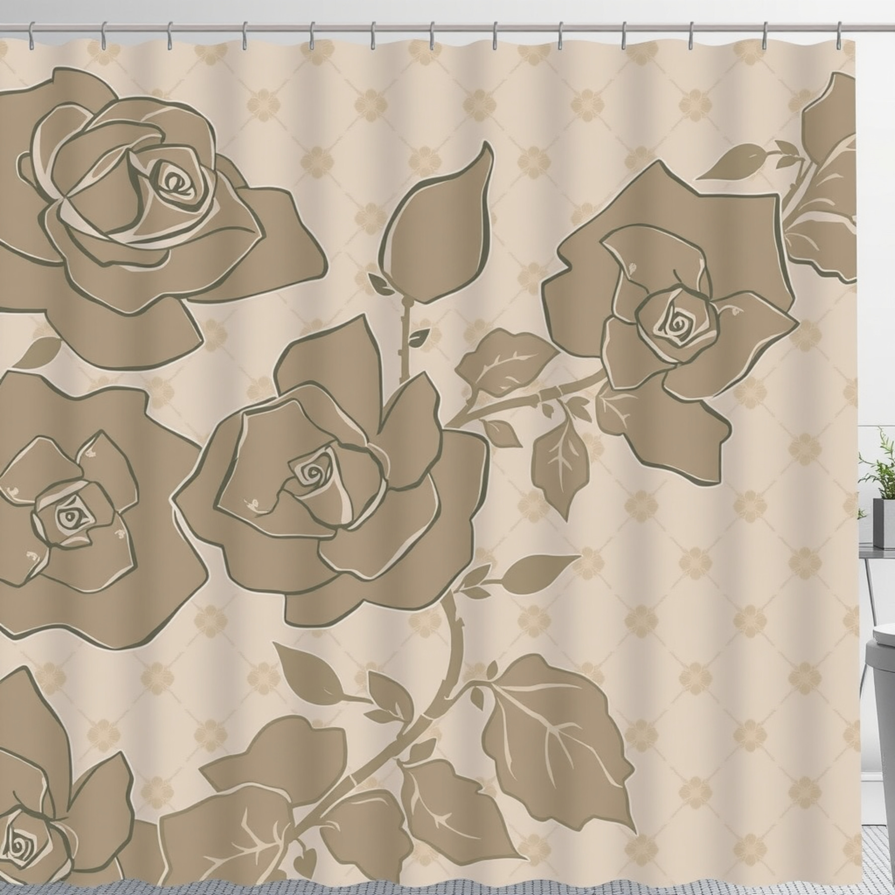 Elegant Beige Floral Shower Curtain with Brown Roses and Leaves Design ...