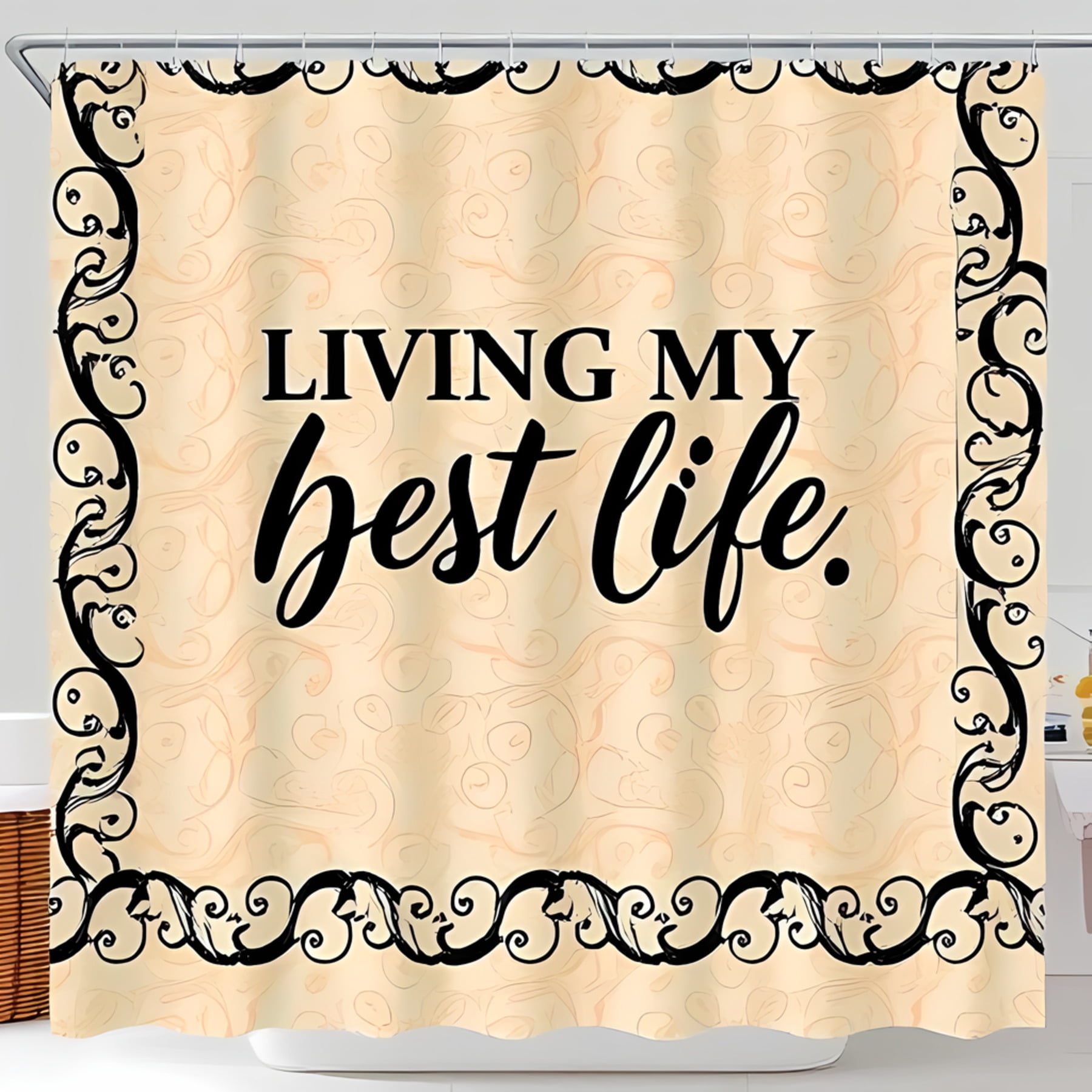 Elegant Beige Shower Curtain with Black Ornate Border and Whimsical ...