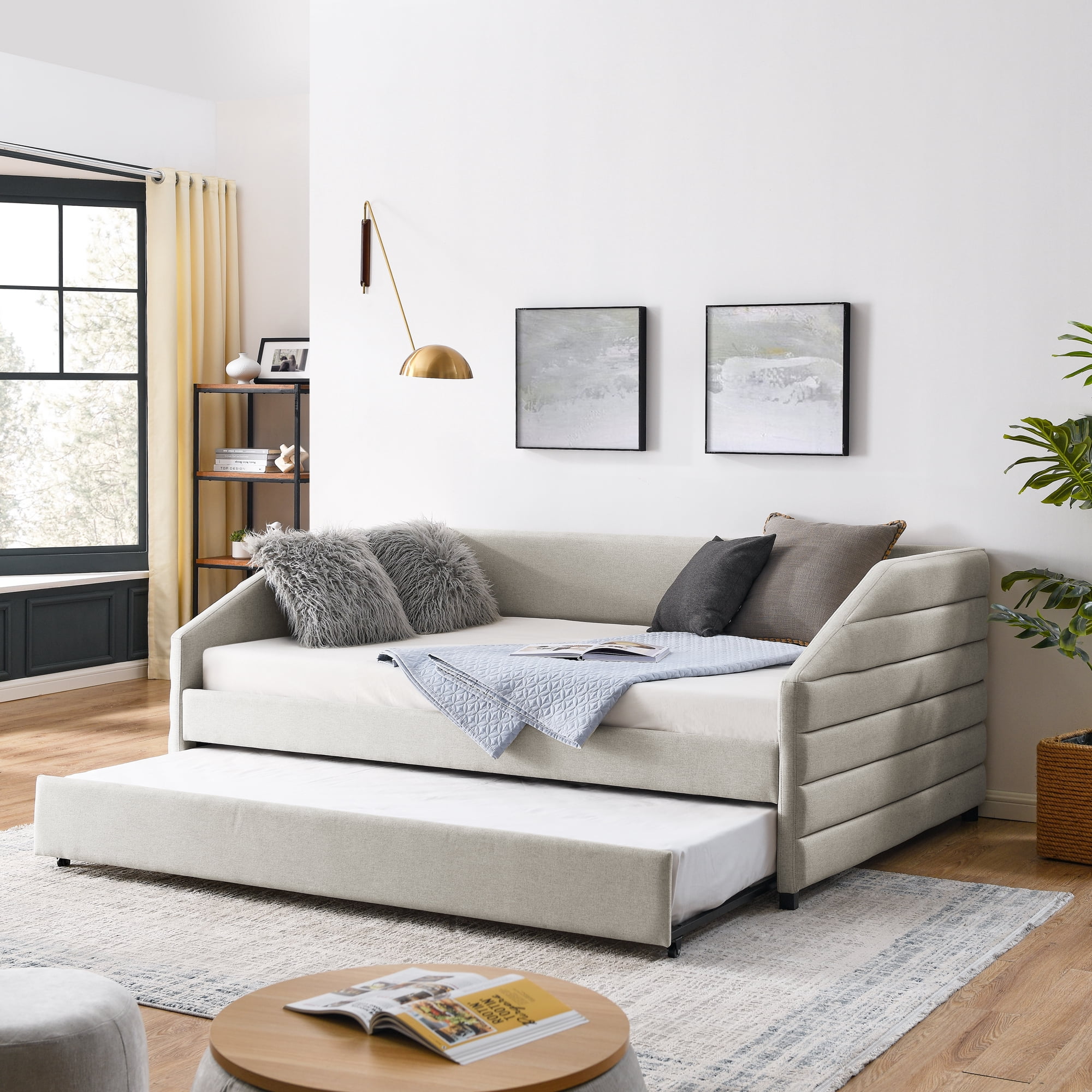 Elegant Beige Tufted Full Size Daybed with Pull-Out Trundle, Linen ...
