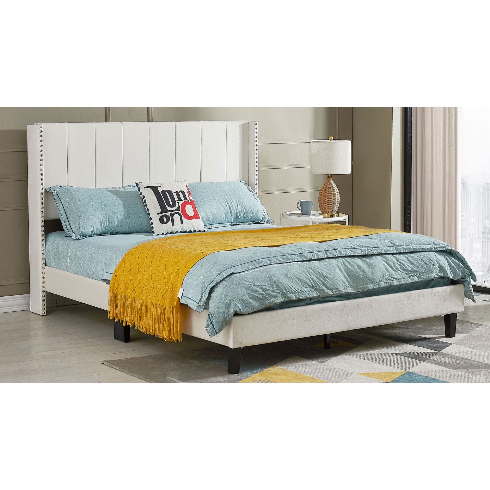 Elegant Beige Velvet Queen Bed Frame with Channel Tufted Headboard and ...