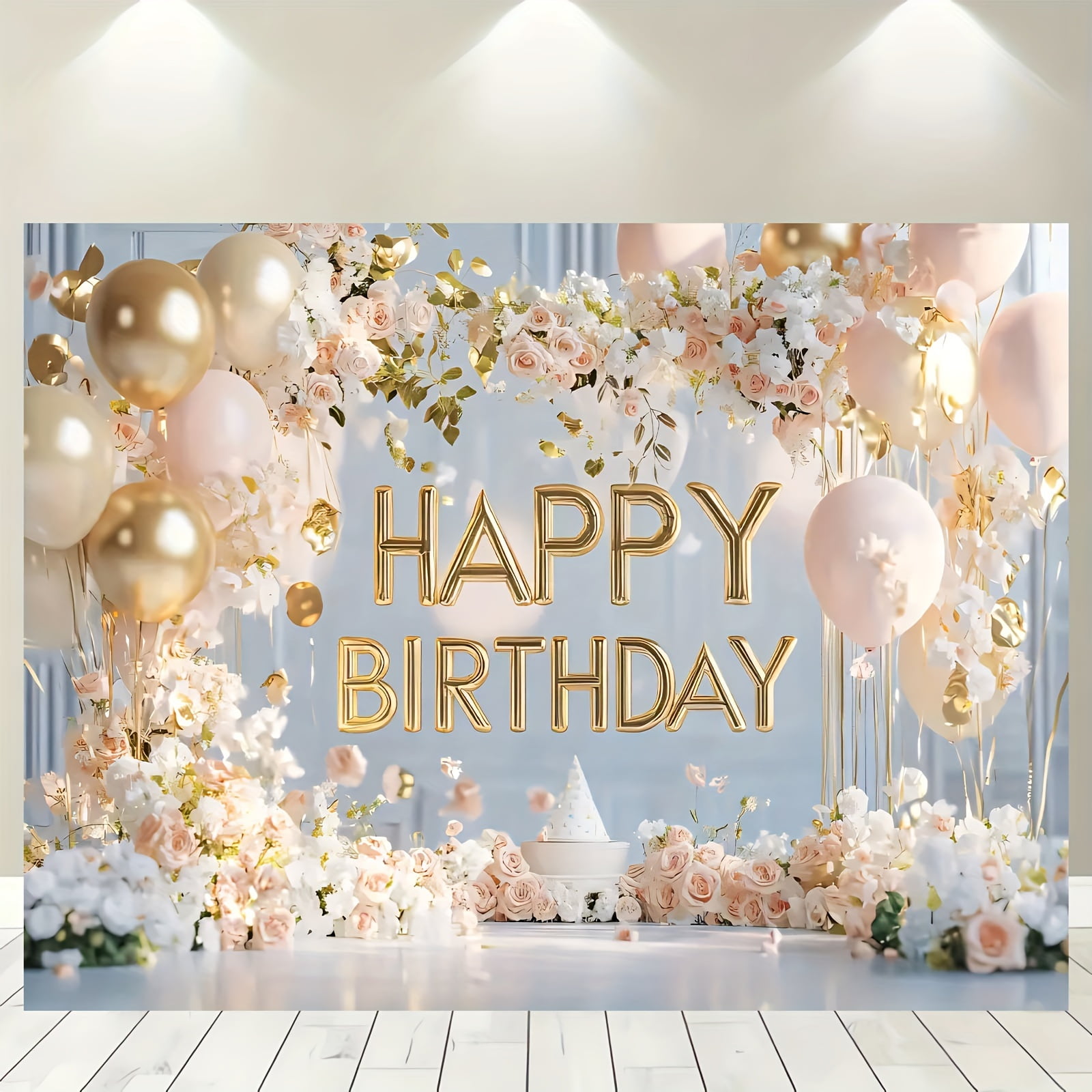 Elegant Birthday Party Backdrop with 'Happy Birthday' in Golden Letters ...