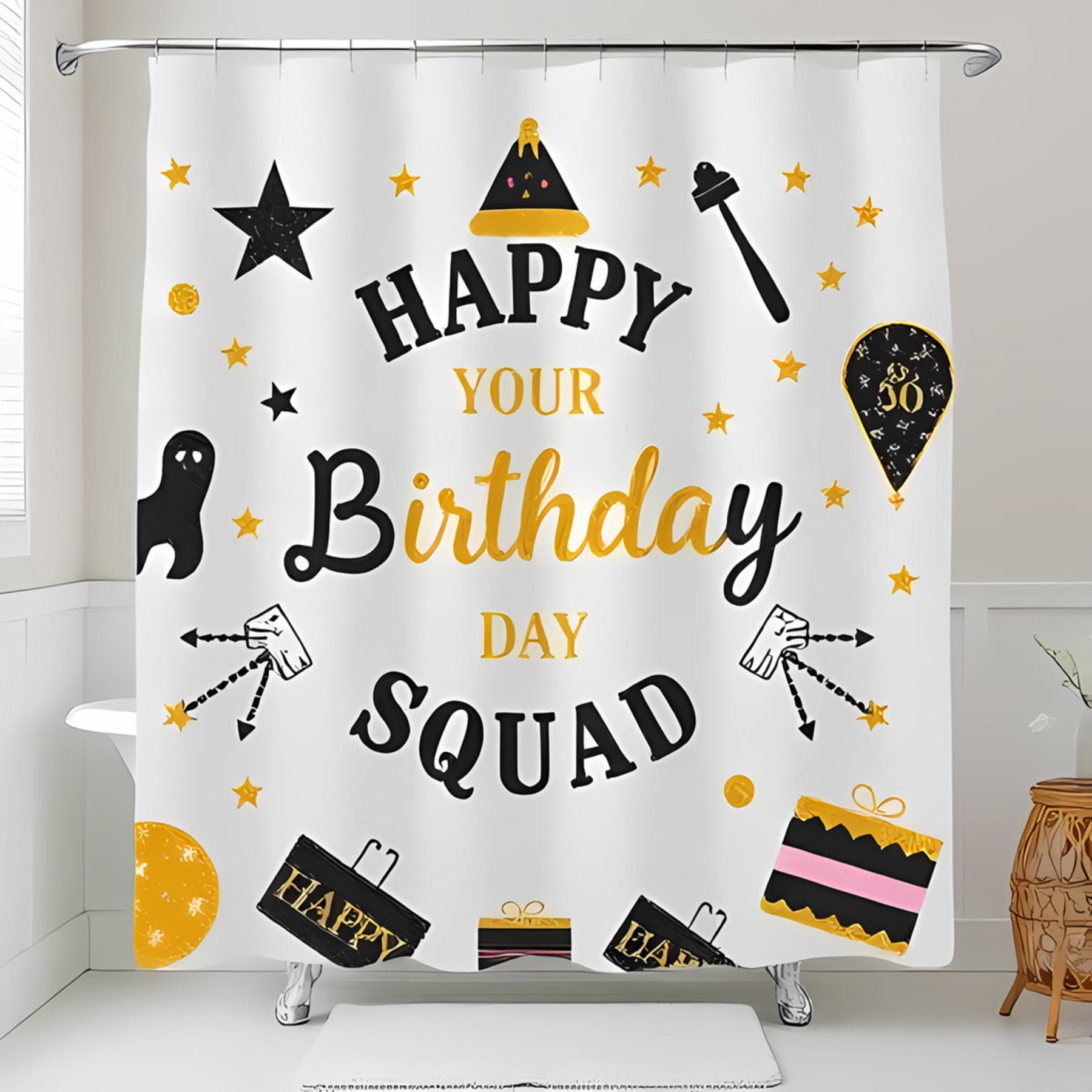 Elegant Birthday Shower Curtain with Black & Gold Glitter Design ...