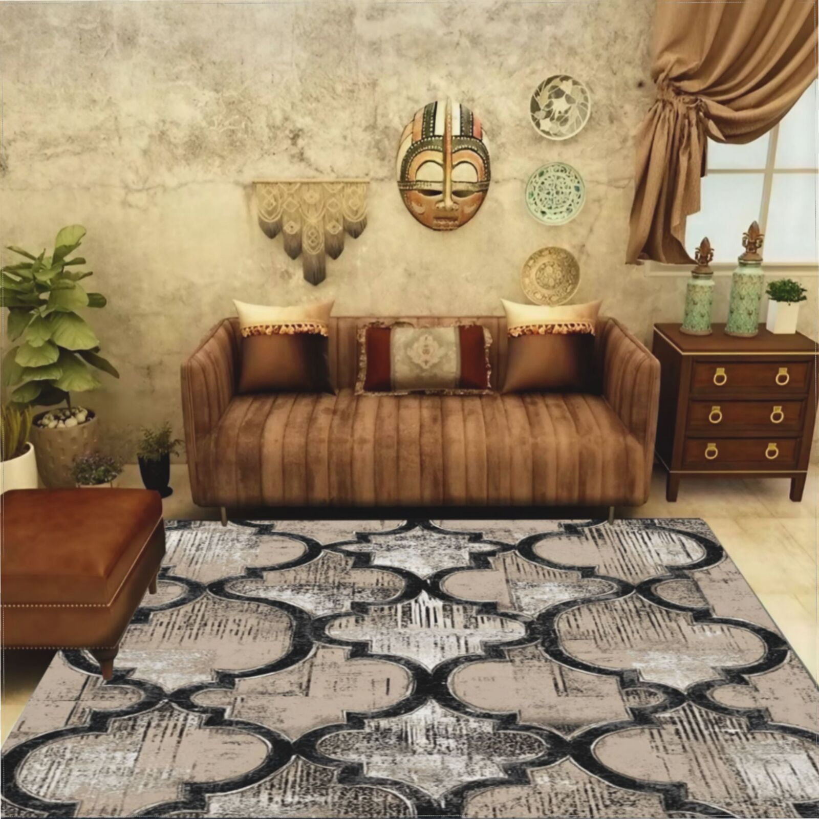Elegant Black Arabesque Beige Pattern Light Luxury Home Carpets Living ...