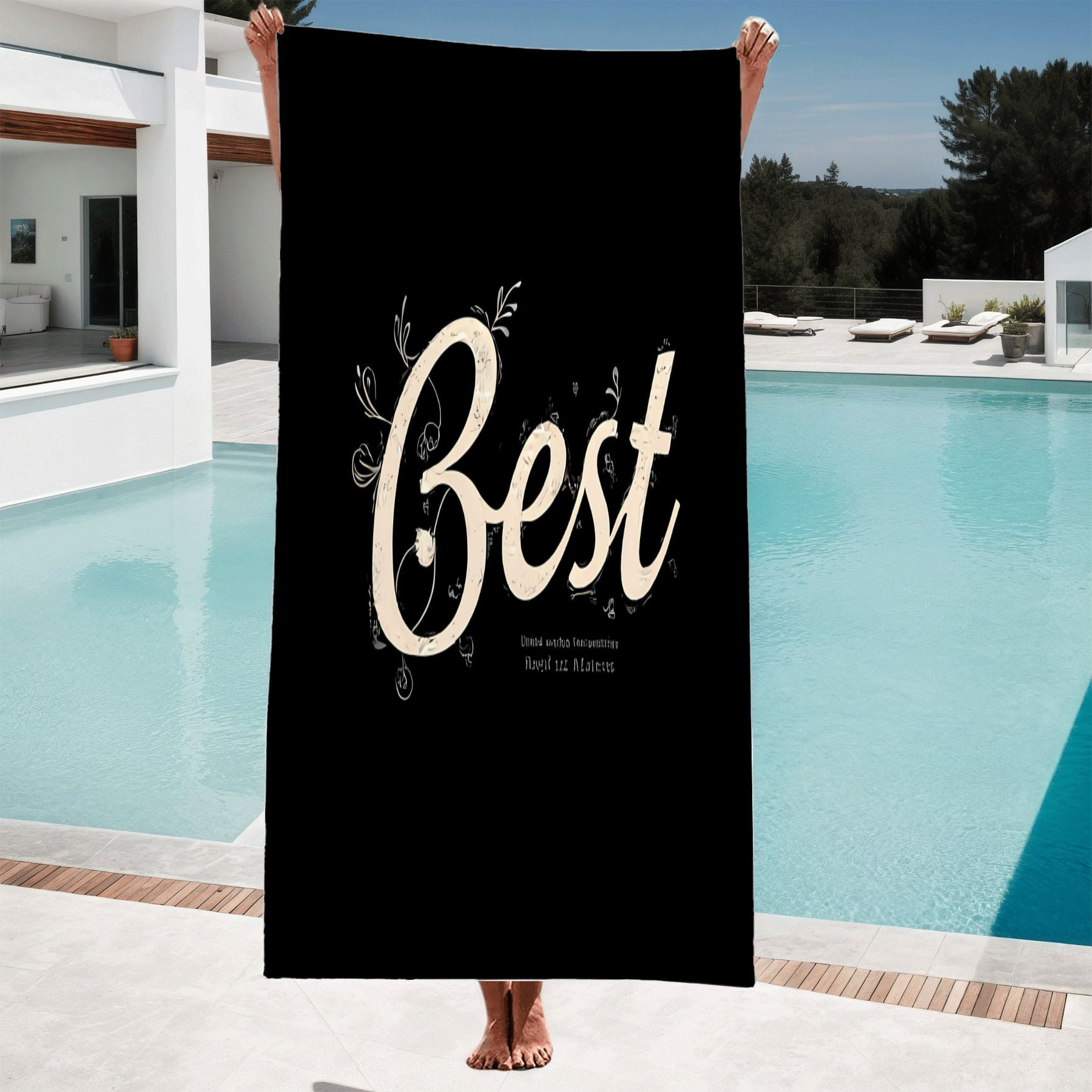 Elegant Black Background Towel with Cursive ' Best ' & Floral Patterns ...