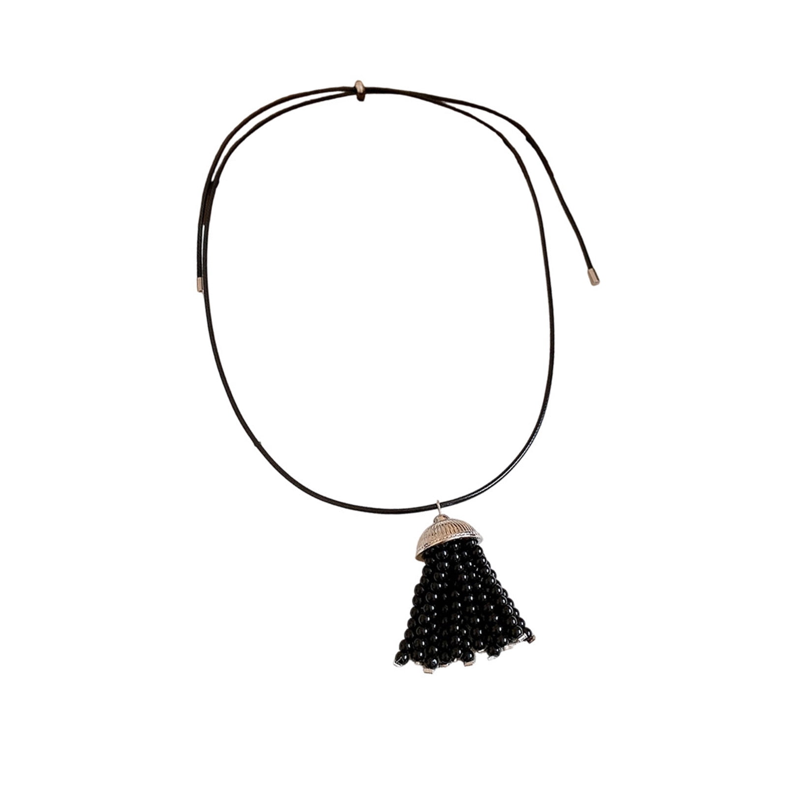 Elegant Black Beaded Fringe Drawstring Adjustable Cord Necklace Jewelry ...