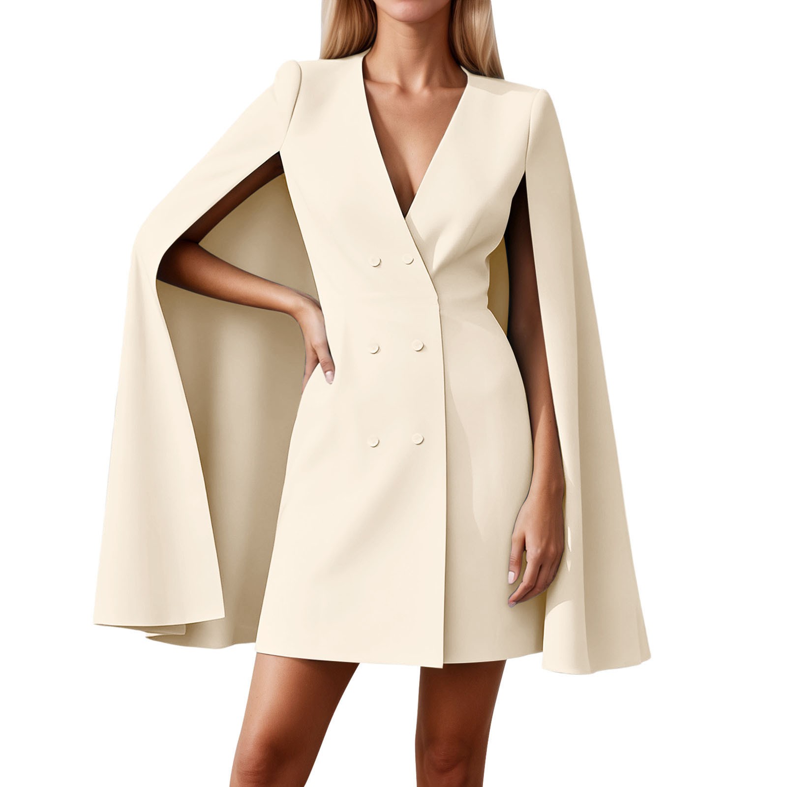 Elegant Black Cape-Style Blazer Dress for Women Double V Neck Flared ...