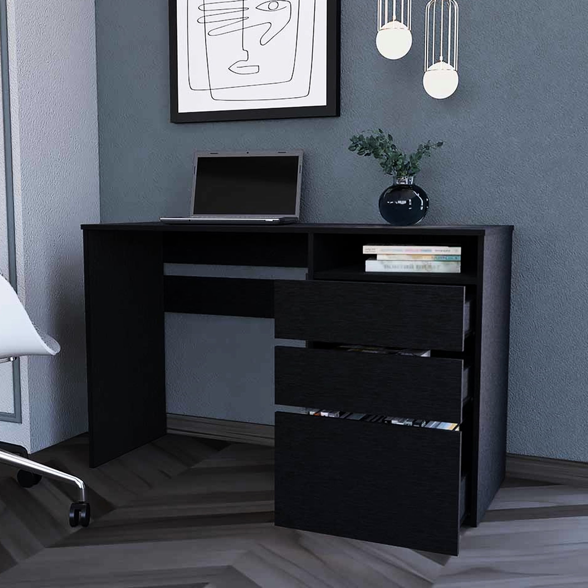 Elegant Black Computer Desk With Ample Workspace And Drawers In ...