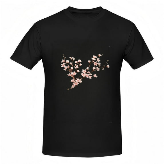 Elegant Black Cotton Short Sleeve T-Shirt for Women with Delicate Pink & White Cherry Blossom ...