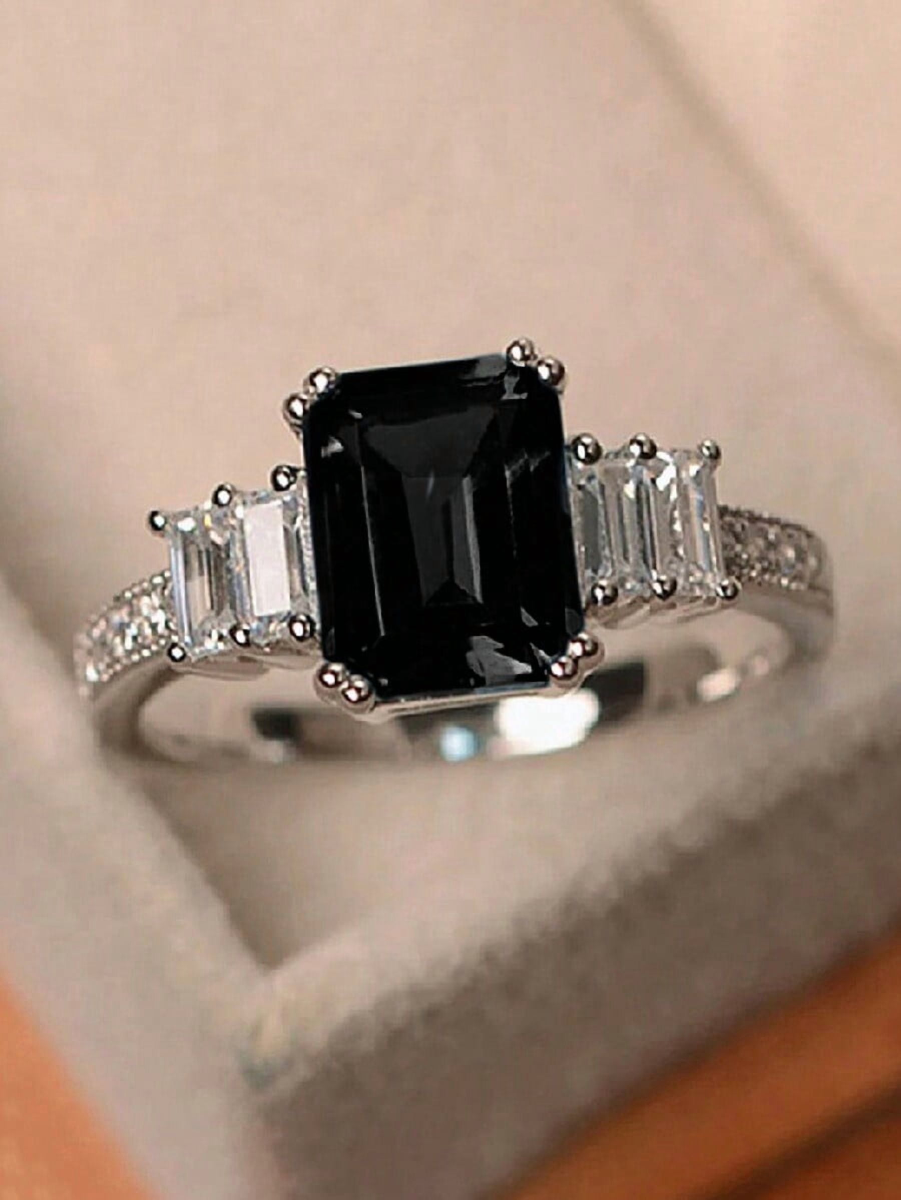 Elegant Black Cubic Zirconia Ring With Baguette Side Stones For Women ...