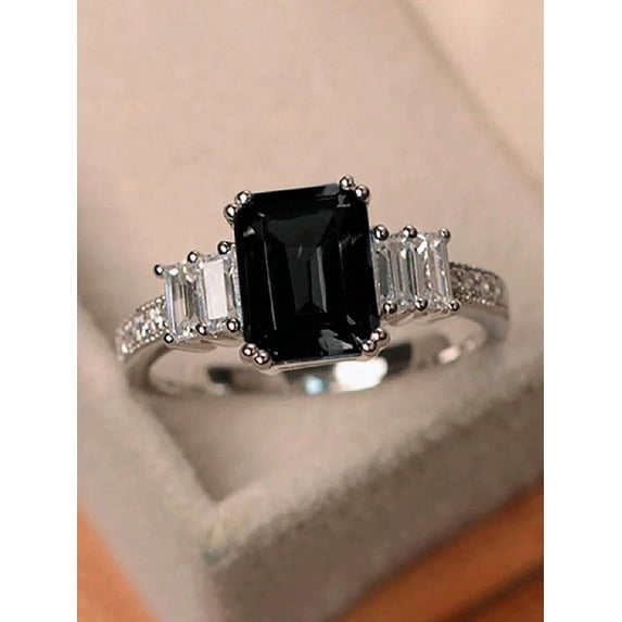 Elegant Black Cubic Zirconia Ring With Baguette Side Stones For Women ...