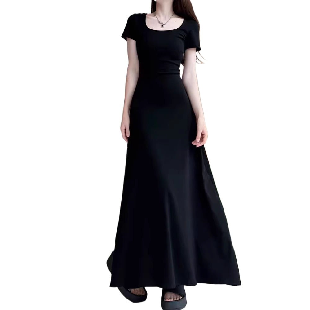Elegant Black Fitted Dress for Petite Women with Waist Definition Long ...
