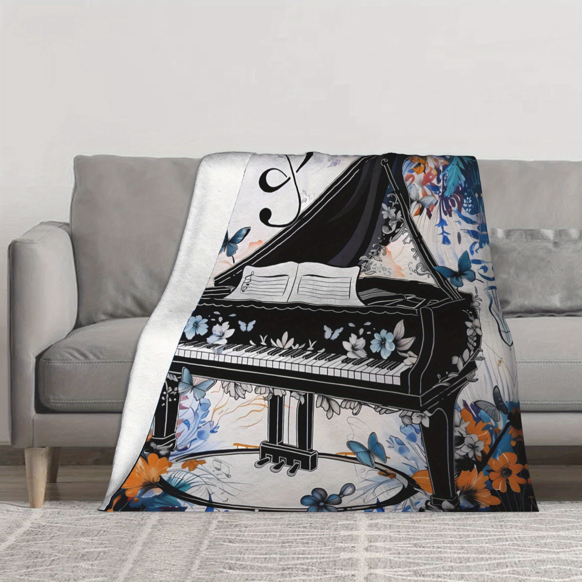 Elegant Black Flannel Piano Blanket with Butterfly & Music Note Design ...