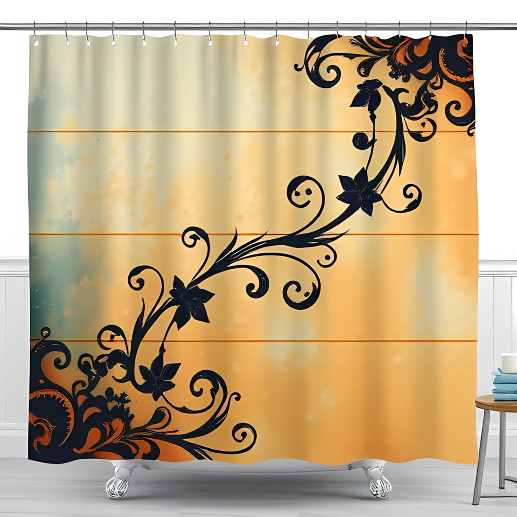 Elegant Black Floral Shower Curtain on Aged Background Vintage Art ...