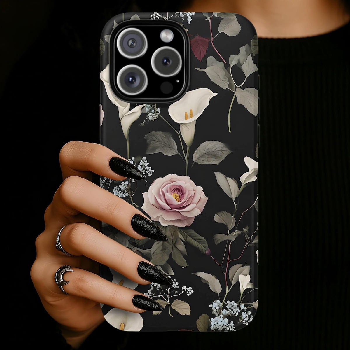 Elegant Black Floral Vintage Rose & Lily Case for 17 16 15 14 13 12 11 ...