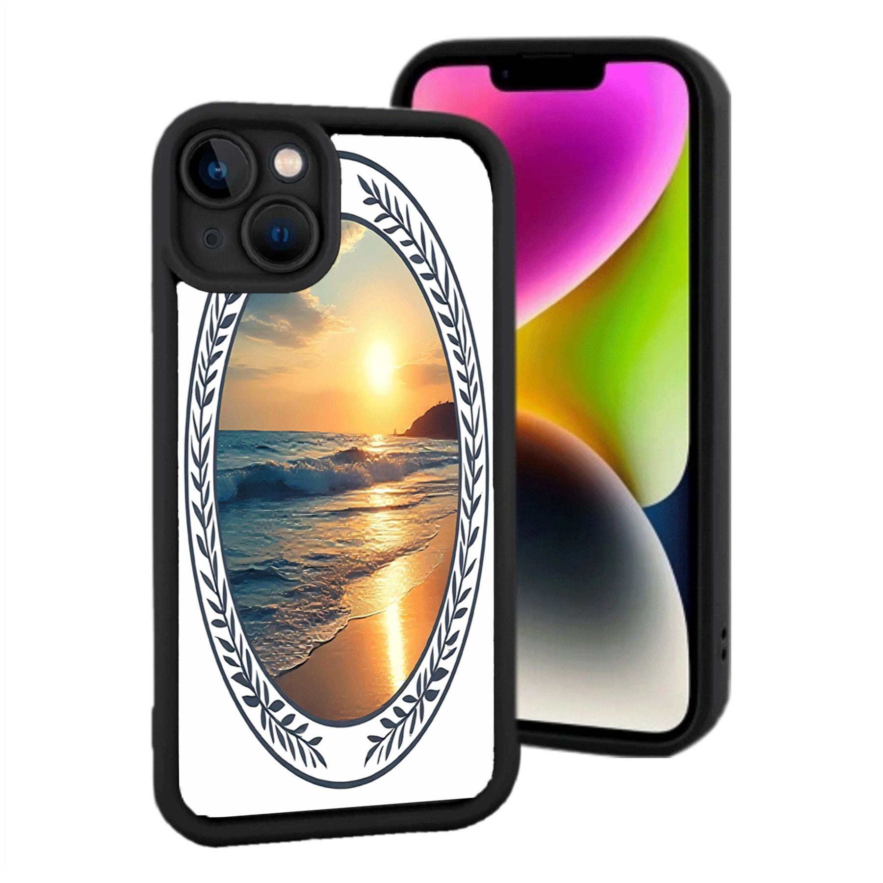 Elegant Black Frame iPhone 15 Case with Scenic Beach Sunset Design ...