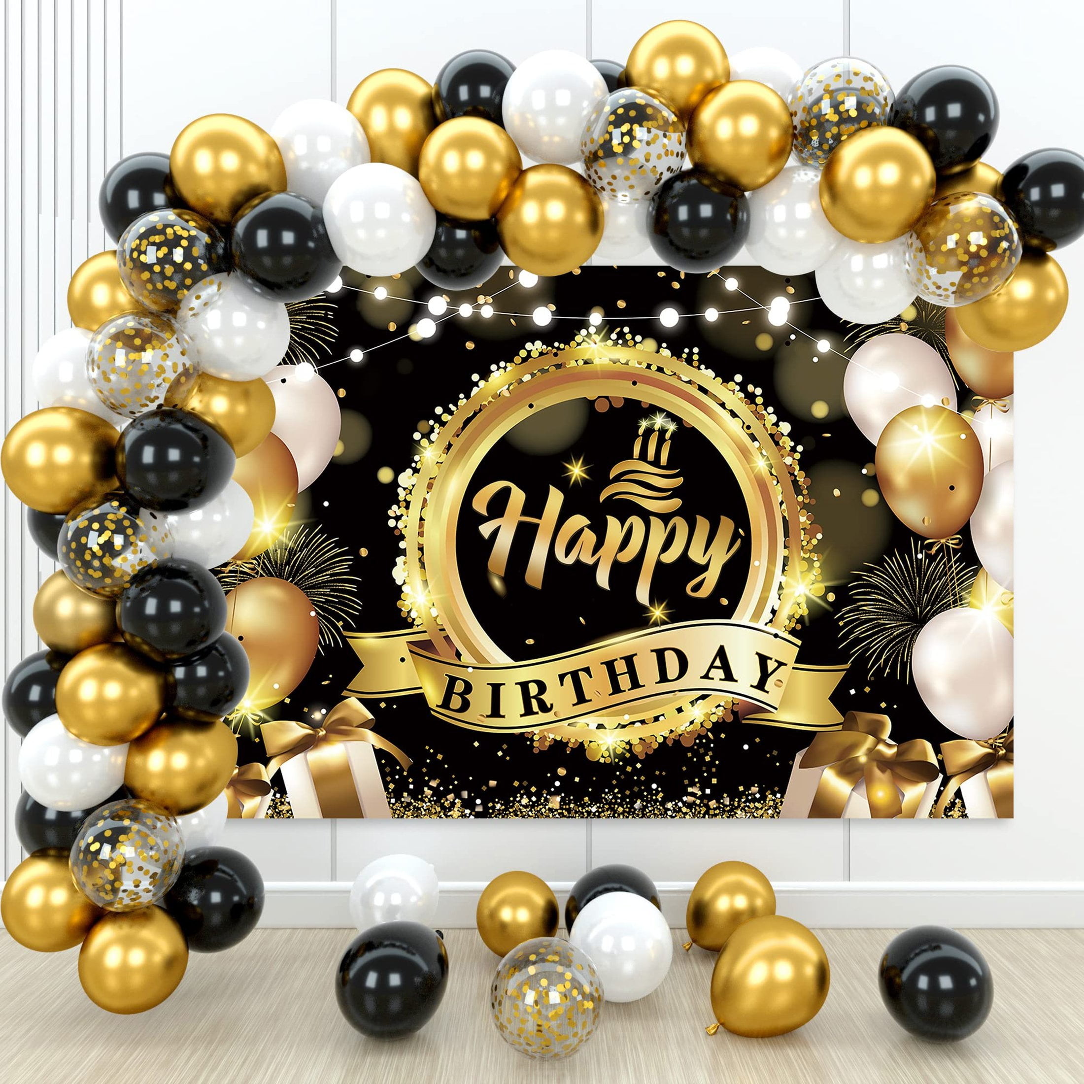 Elegant Black and Gold Birthday Celebration Kit with 65-Piece Balloon ...