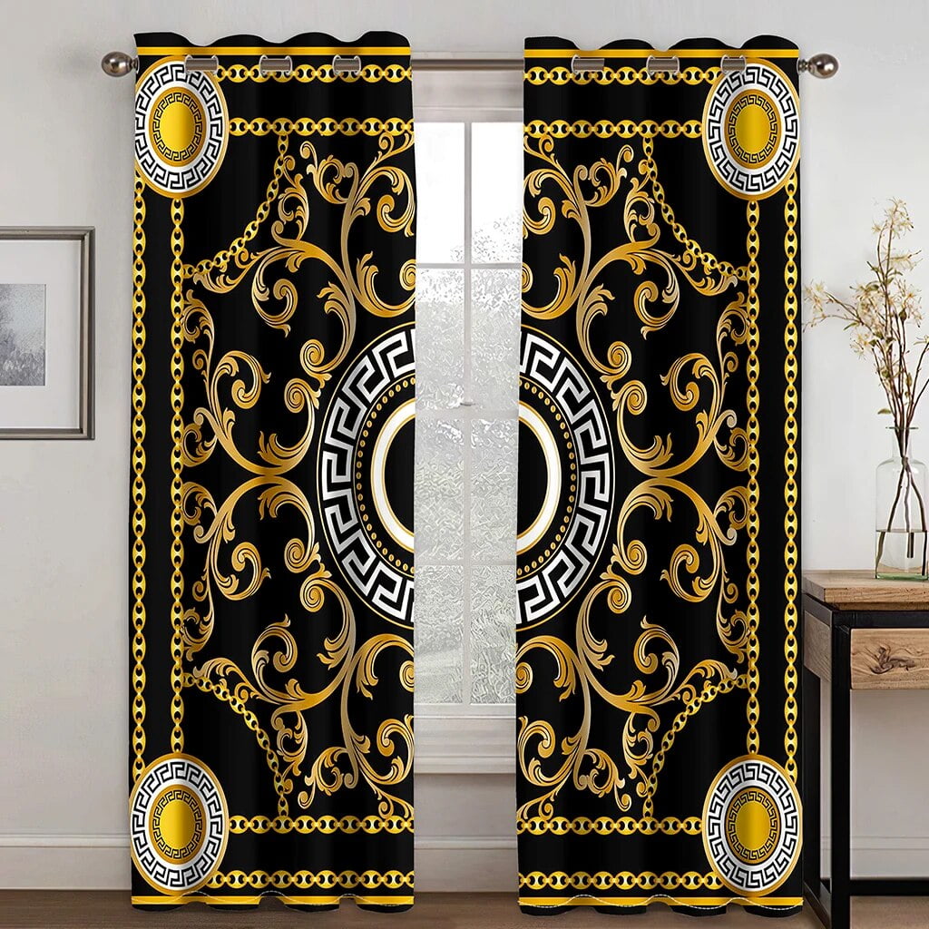 Elegant Black Gold Greek Key Meander Curtains For Living Room 2 Pieces ...