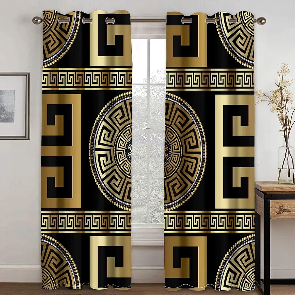 Elegant Black Gold Greek Key Meander Curtains for Living Room 2 Pieces ...