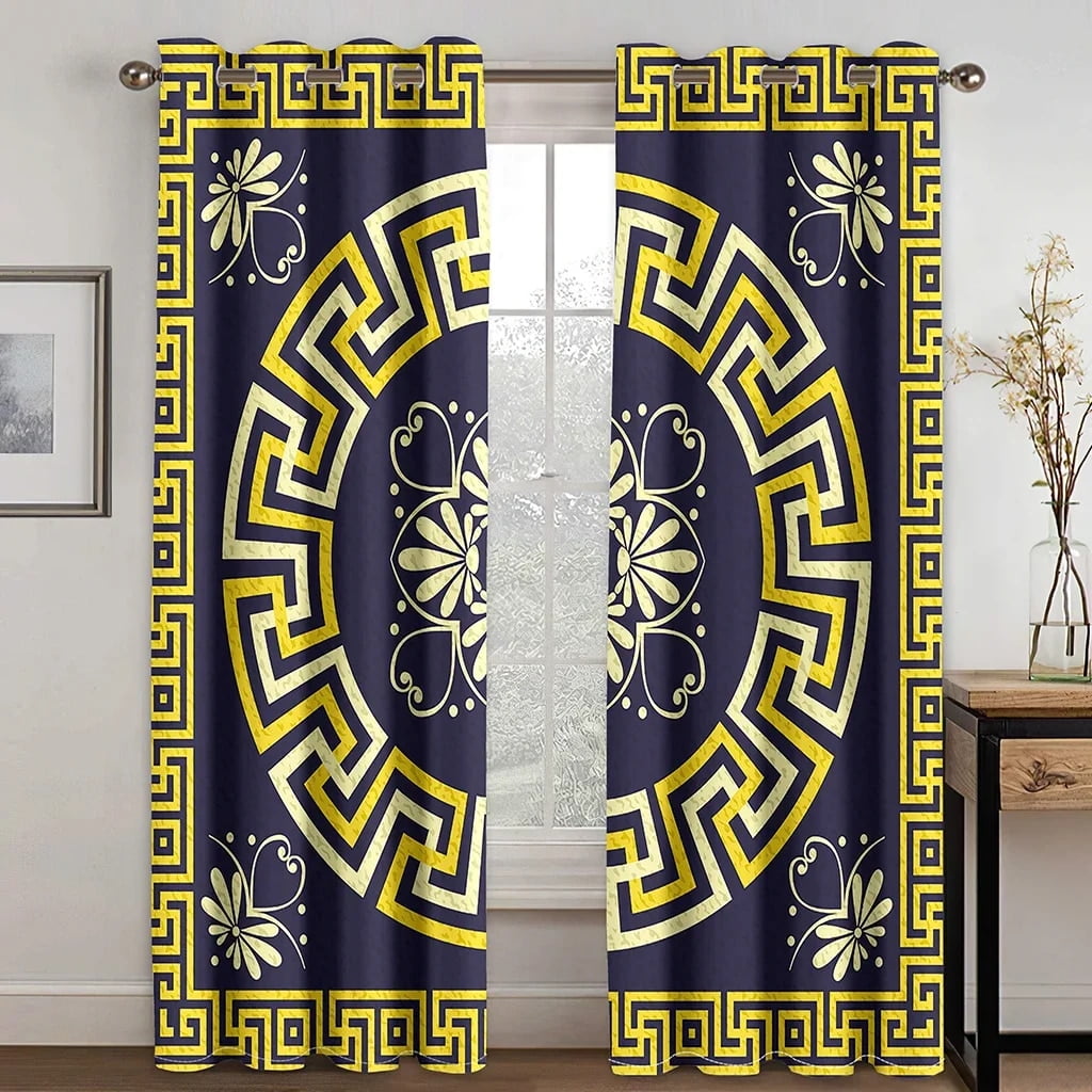 Elegant Black Gold Greek Key Meander Curtains for Living Room 2 Pieces ...