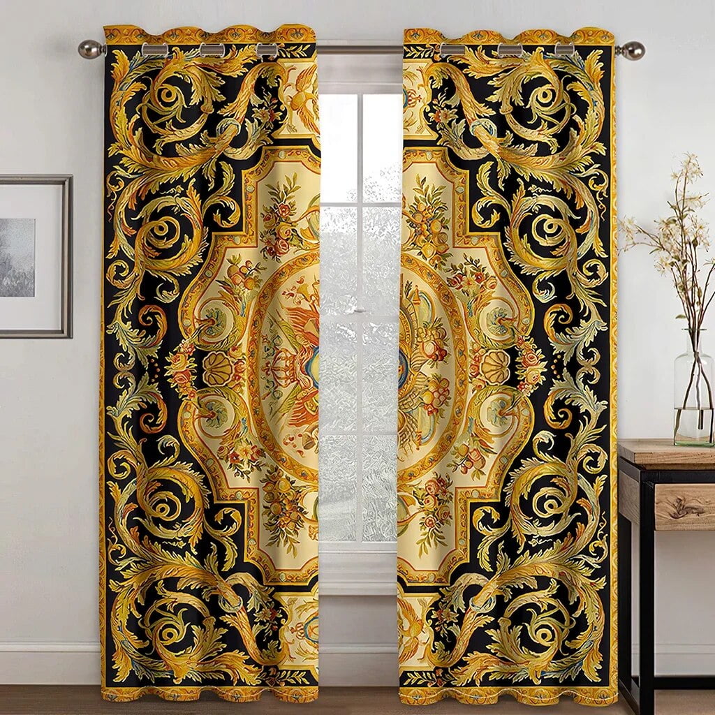 Elegant Black Gold Greek Key Meander Curtains for Living Room 2 Pieces ...