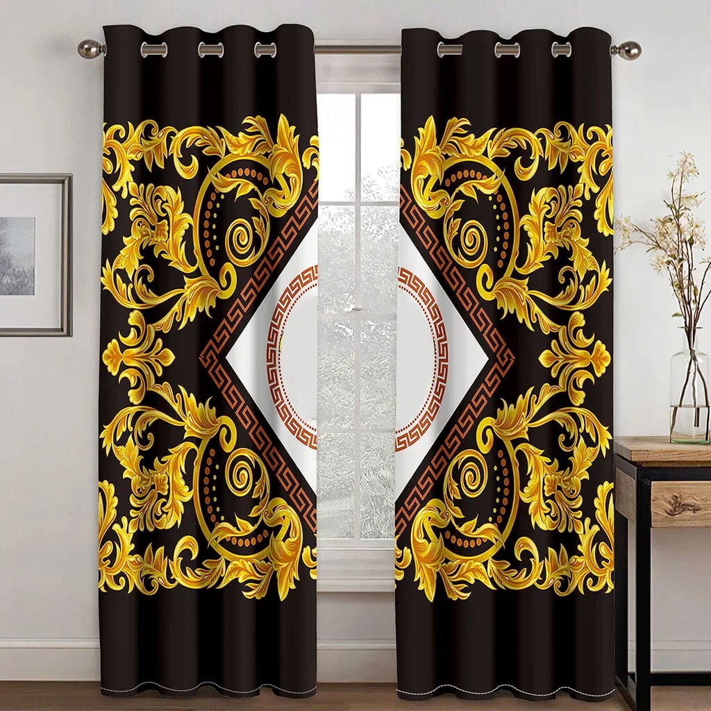 Elegant Black Gold Greek Key Meander Curtains for Living Room 2 Pieces ...