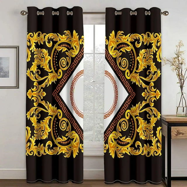 Elegant Black Gold Greek Key Meander Curtains for Living Room 2 Pieces ...