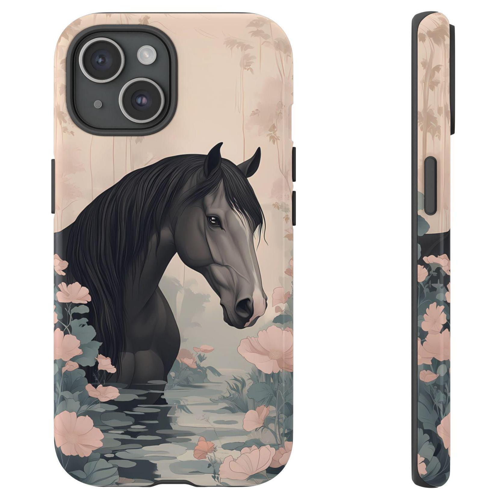 Elegant Black Horse Enchanted Forest Phone Case Moody Nature Art for ...