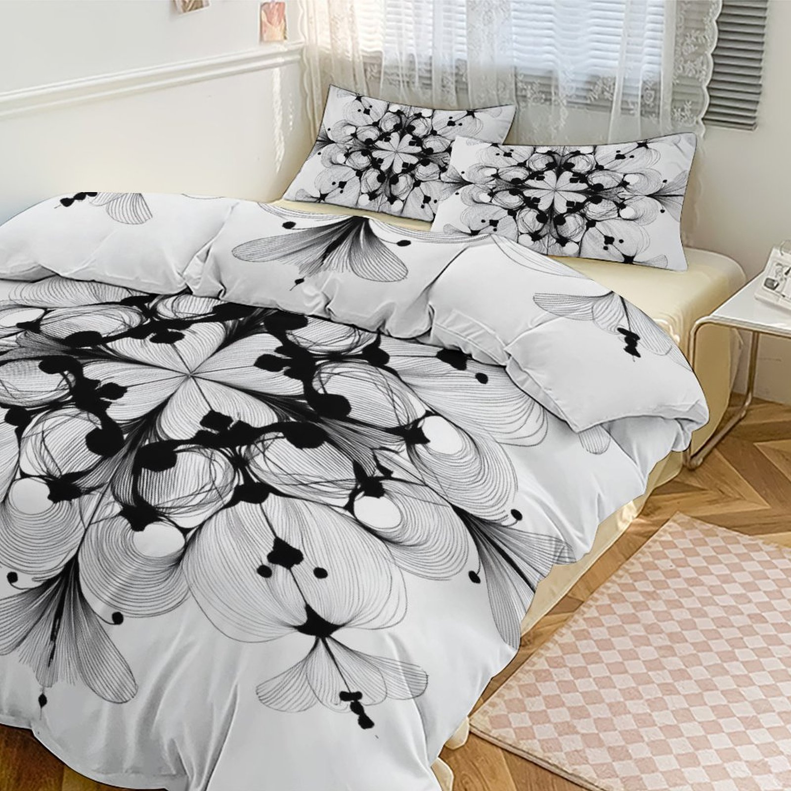Elegant Black Ink Floral Mandala Design Bedding Set with Zipper Closure ...