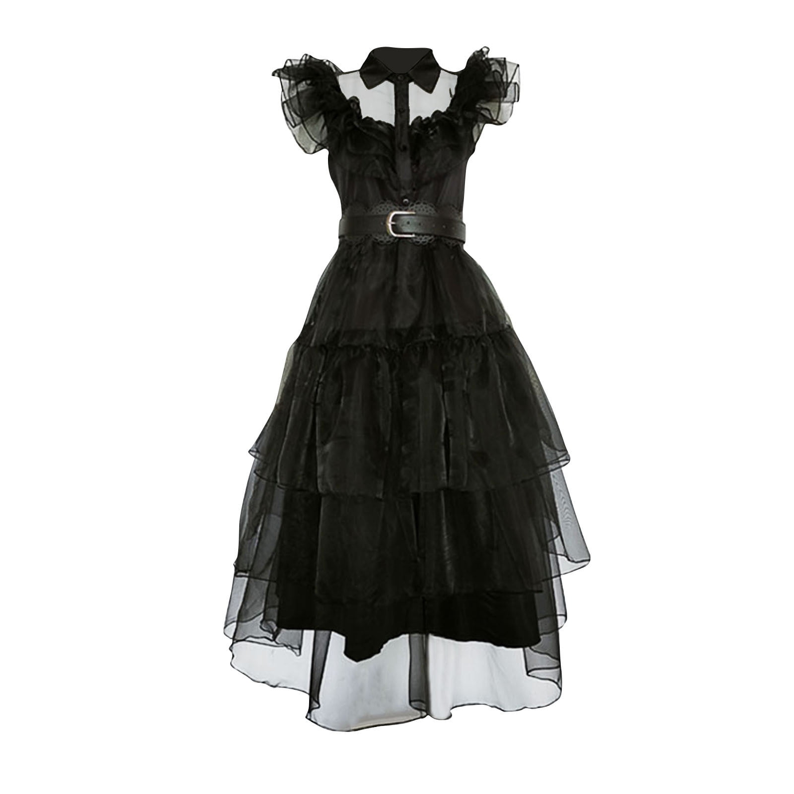 Elegant Black Layered Ruffle Dress with Belt Perfect for Parties ...